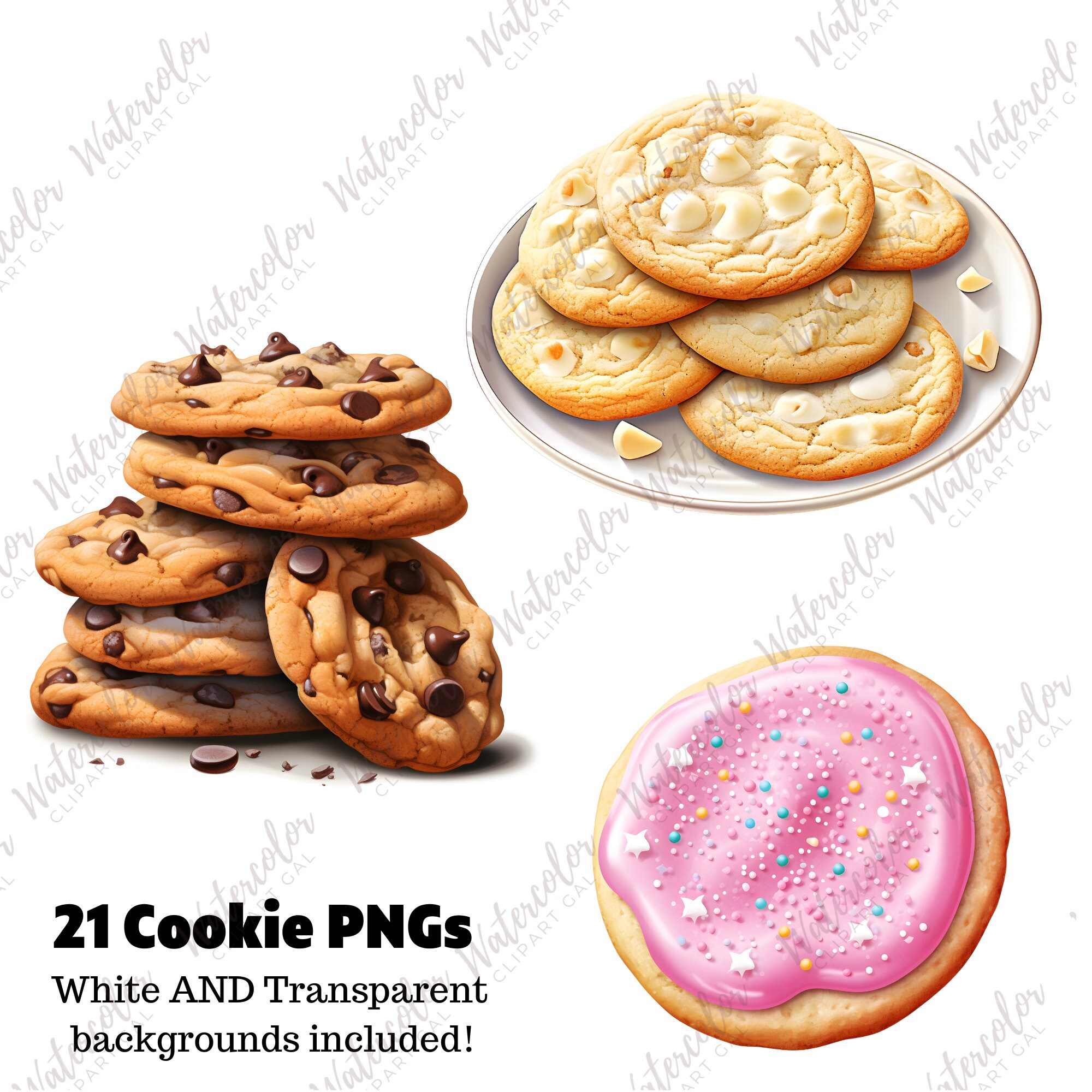 Cookie Clipart Watercolor Bundle Dessert Clipart Chocolate Chip Cookie ...