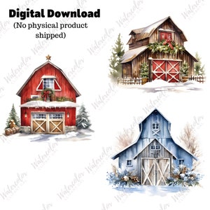 Christmas Farm Barns Watercolor PNG Bundle - Winter Barn Farmhouse Pngs ...