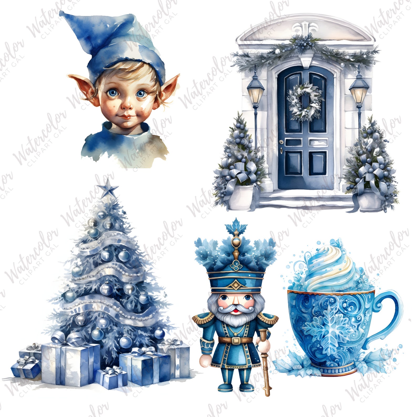 Watercolor Blue Christmas Clipart PNG Bundle Christmas Card - Etsy