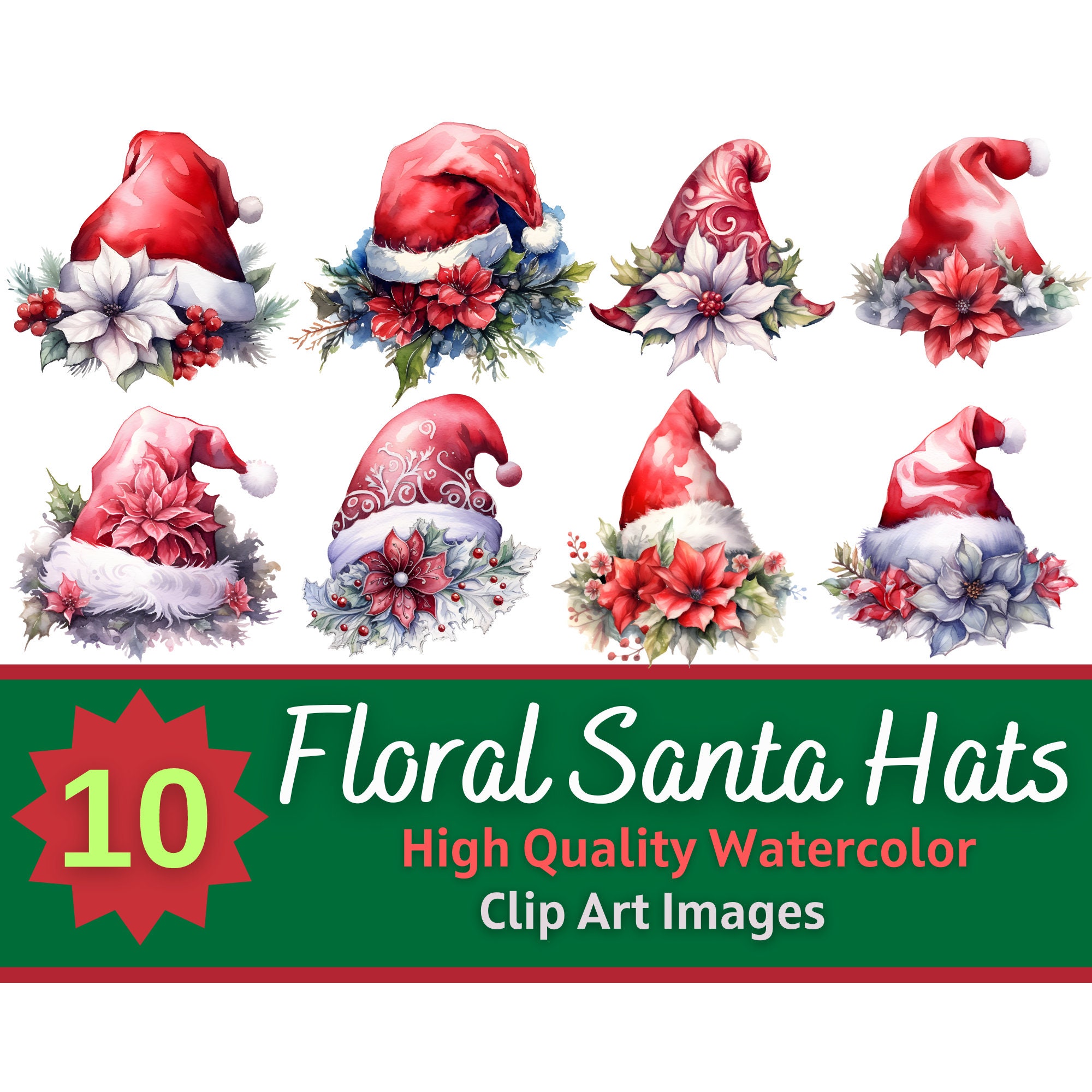 Floral Santa Hats Clipart PNG Watercolor Bundle Unique Santa Hat ...