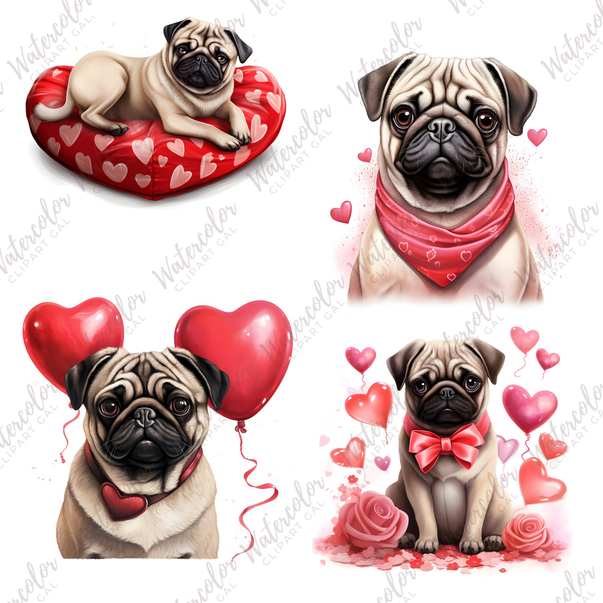 Valentines Day Pug Clipart Watercolor Bundle | Valentine's Day Clipart ...