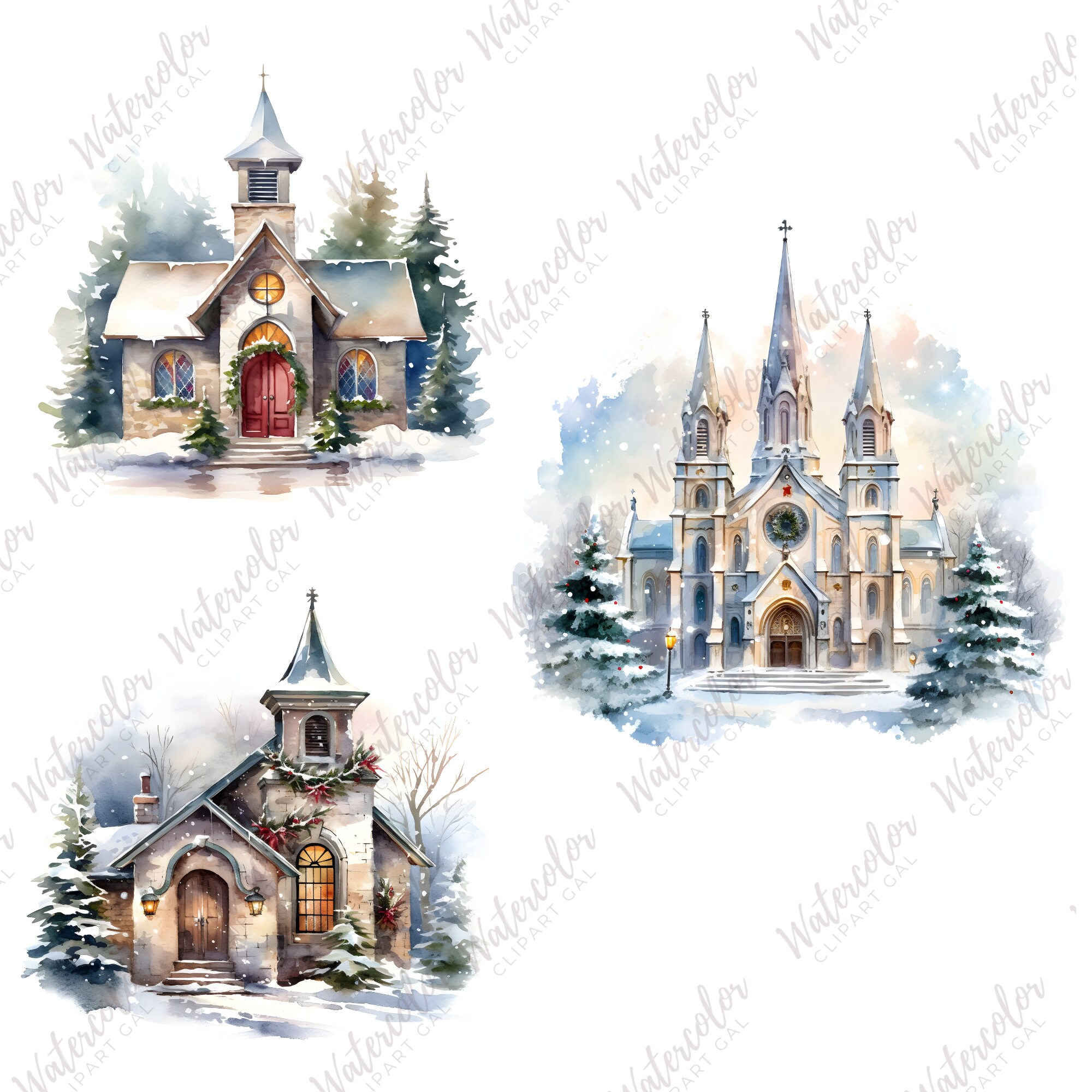 Holiday Christmas Churches Watercolor PNG Bundle Christian - Etsy