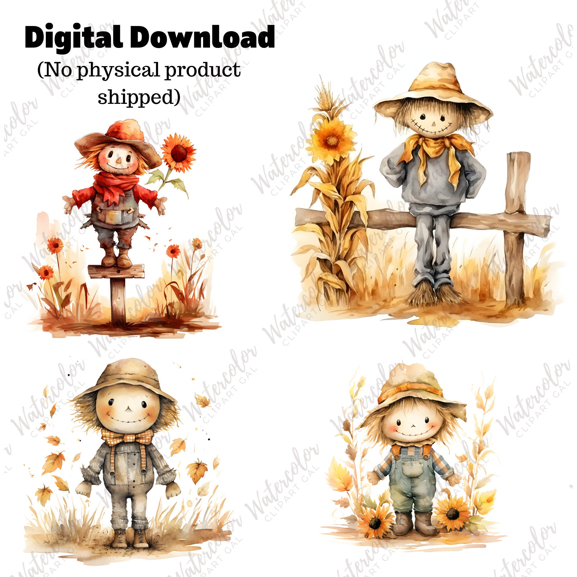 Autumn Fall Scarecrow PNG Clipart Watercolor Bundle Cute - Etsy