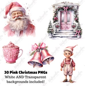 Watercolor Pink Christmas Clipart PNG Bundle - Pink Winter Christmas ...