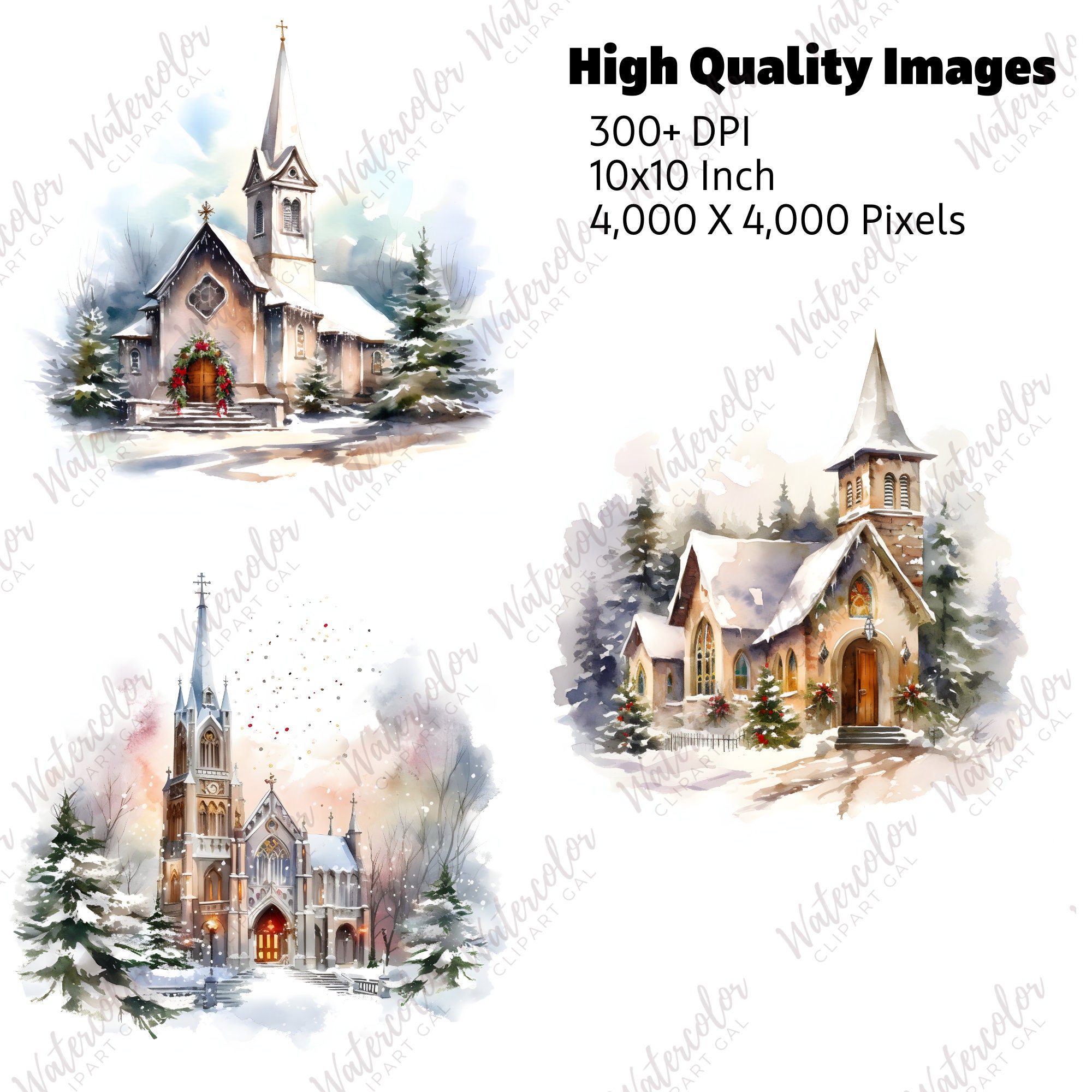Holiday Christmas Churches Watercolor PNG Bundle Christian Art Pngs for ...