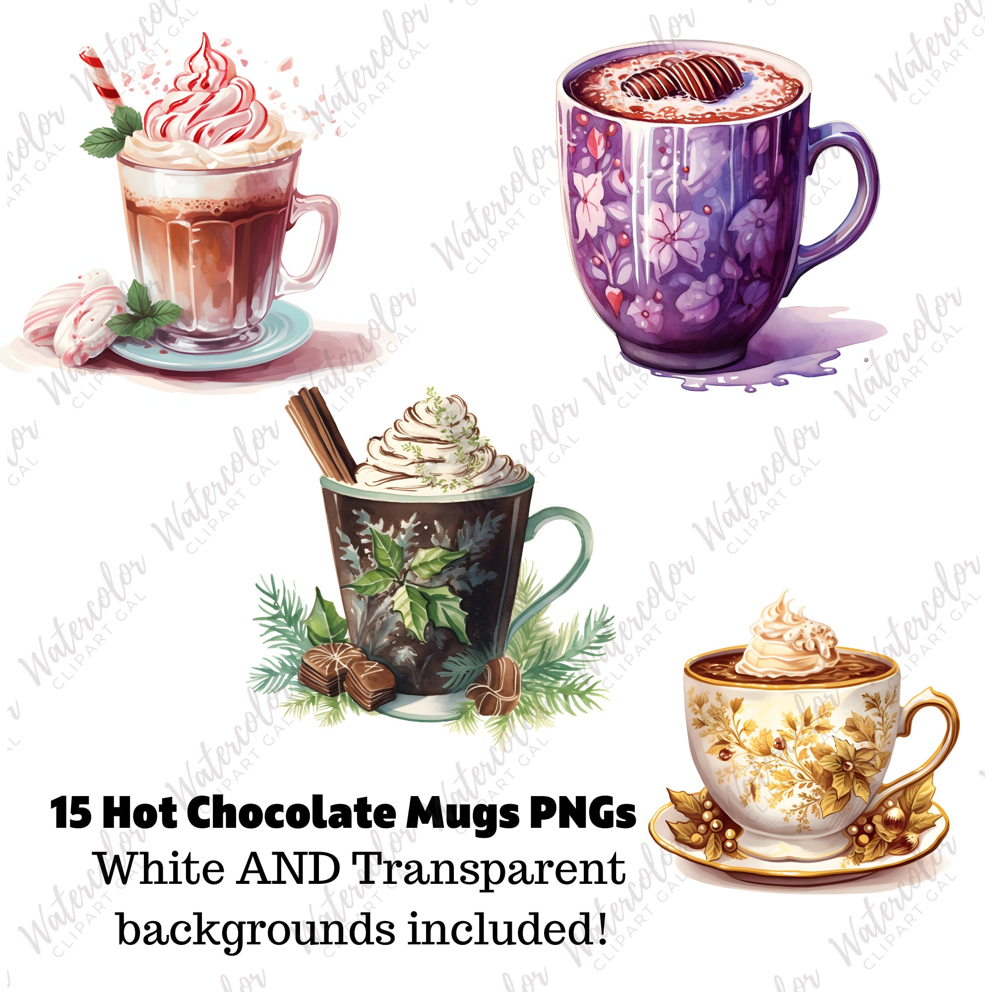Watercolor Christmas Hot Chocolate Clipart PNG Bundle Christmas Food ...