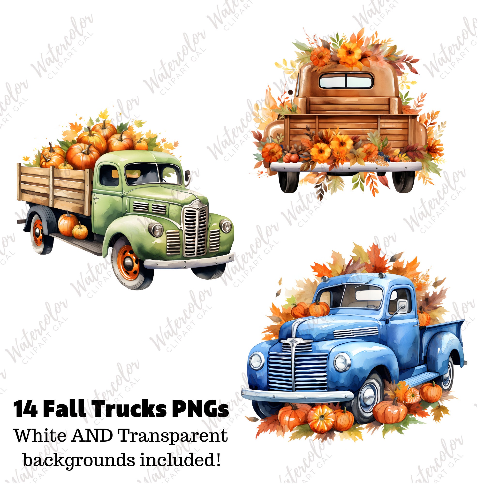 Fall Trucks With Pumpkins PNG Watercolor Autumn Trucks With Orange ...