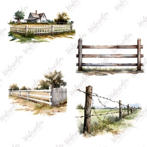 Farm Fence Clipart Watercolor PNG Bundle | Farm Digital Print | Rustic ...