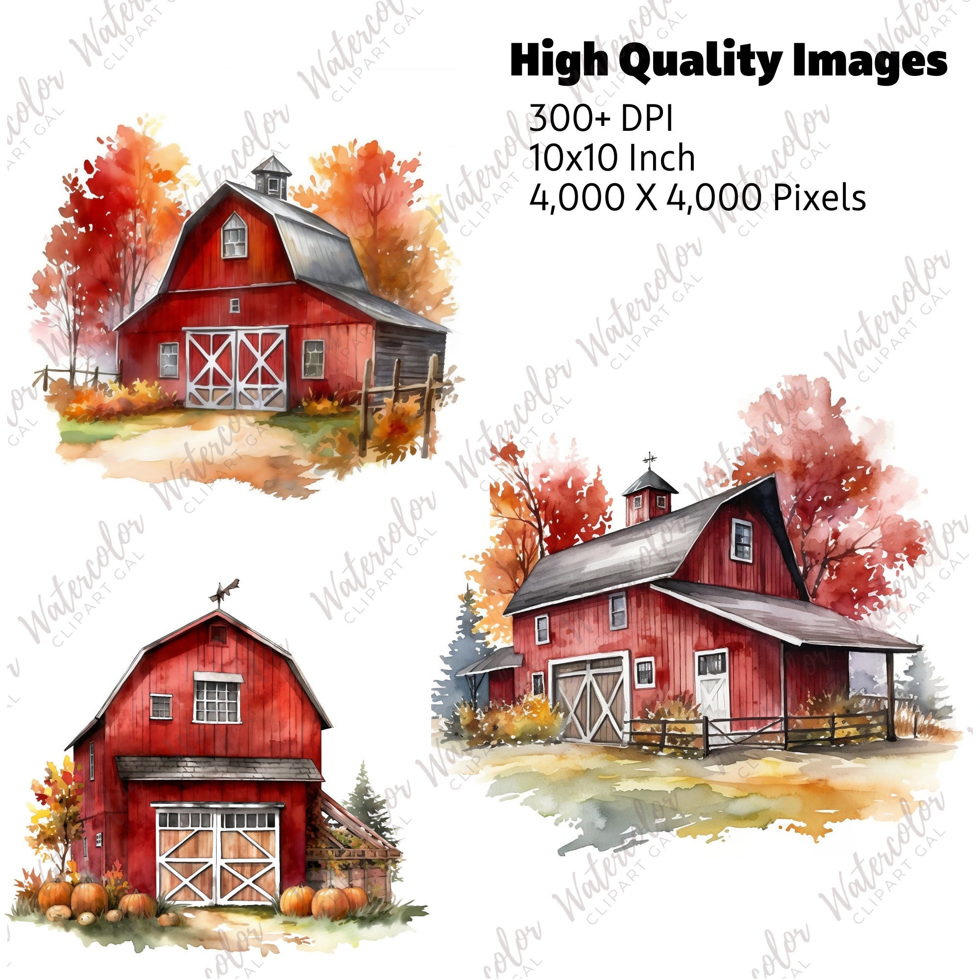 Autumn Fall Farm Red Barns Watercolor PNG Bundle Fall - Etsy
