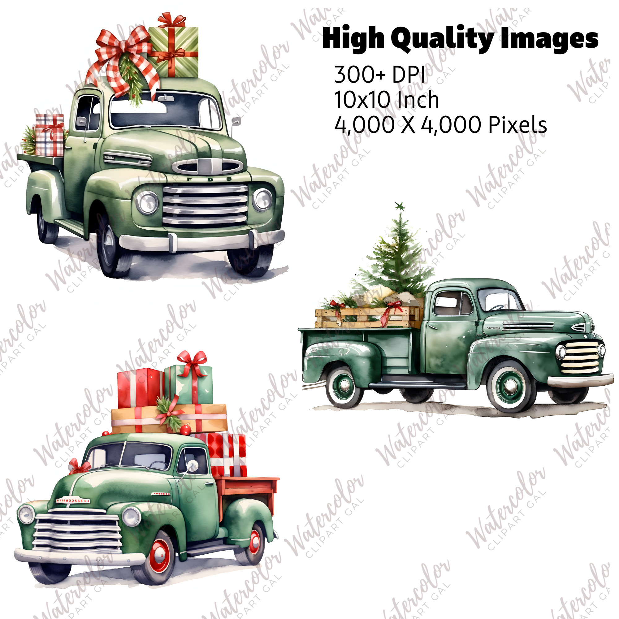 Green Christmas Truck Watercolor PNG Bundle Christmas Truck Junk ...