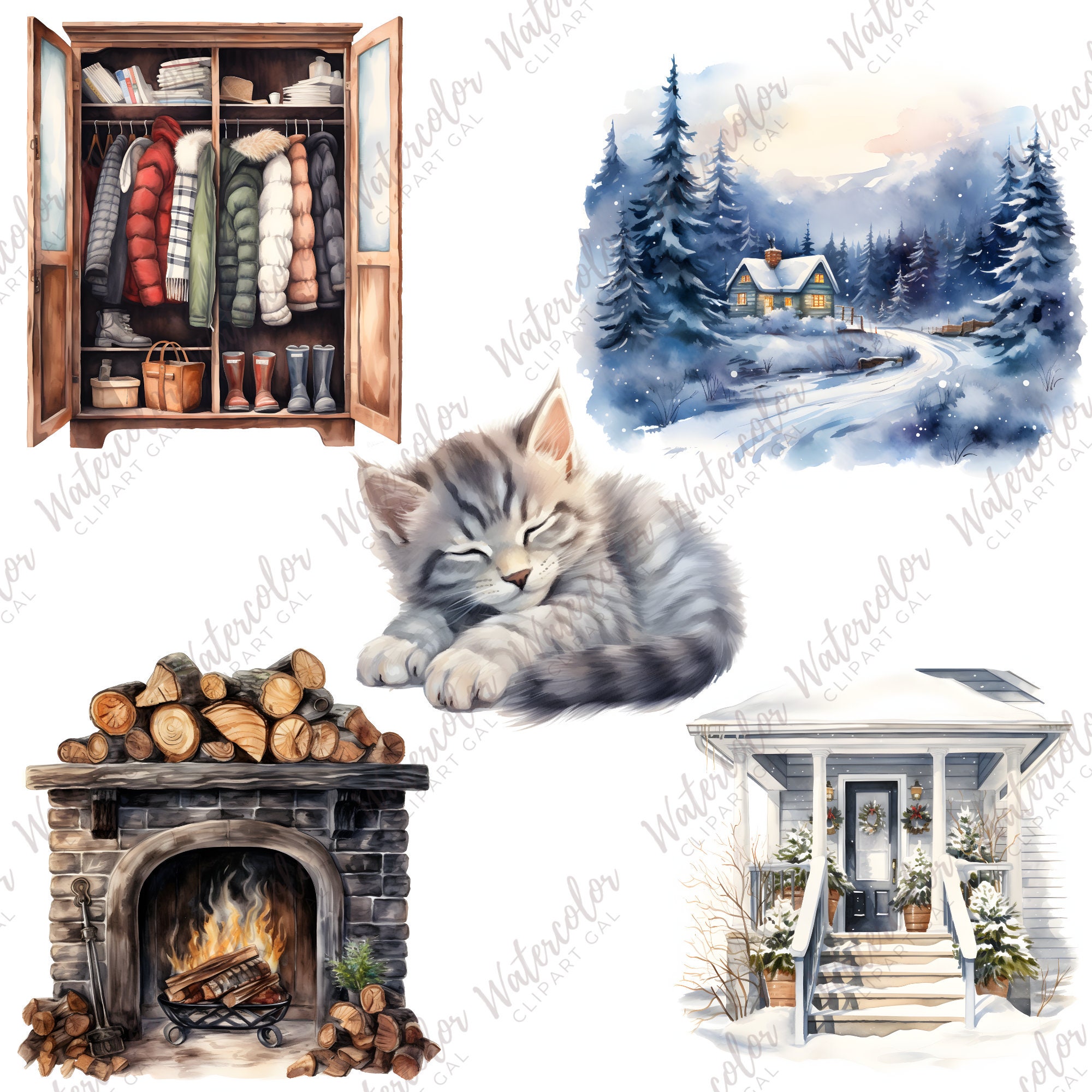 Cozy Winter Clipart Watercolor PNG Cold Winter Scene - Etsy