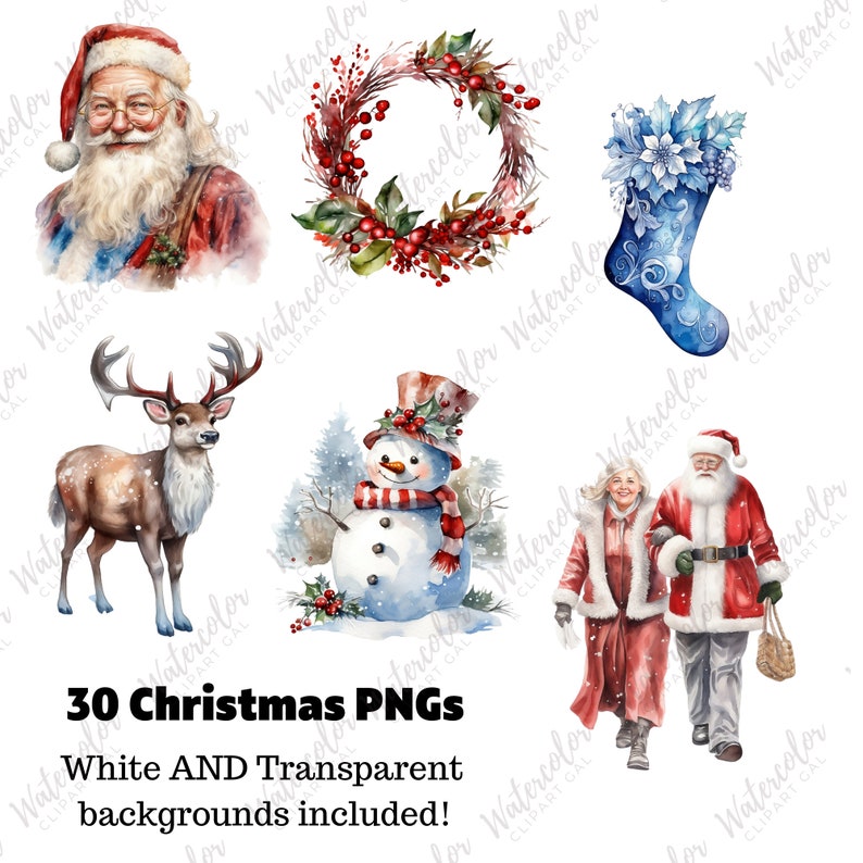 Watercolor Christmas Clipart PNG Bundle I Christmas Card Clipart ...