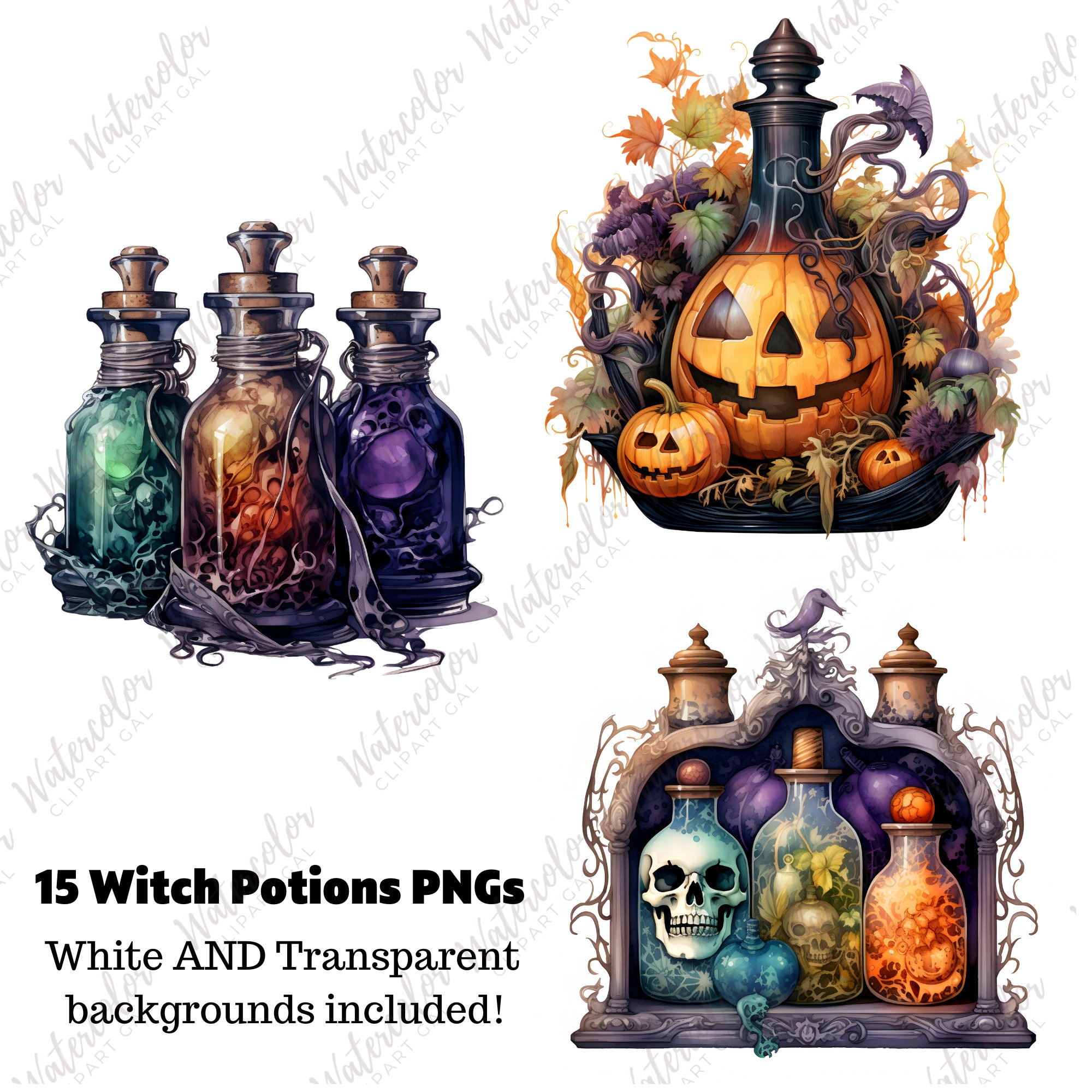 Halloween Witch Potion Bottle PNG Watercolor Bundle | Halloween Potion ...