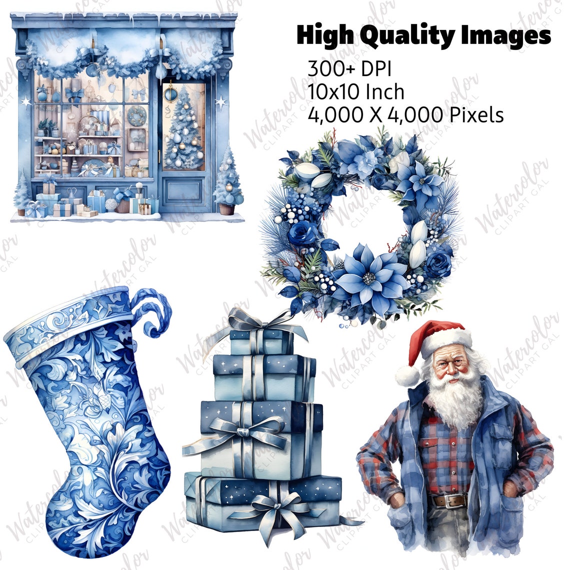 Watercolor Blue Christmas Clipart PNG Bundle Christmas Card - Etsy