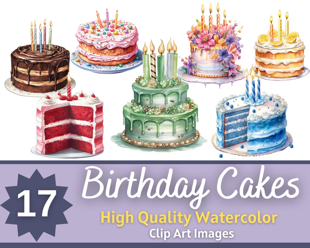 Watercolor Birthday Cake Clipart PNG Bundle Birthday Party - Etsy