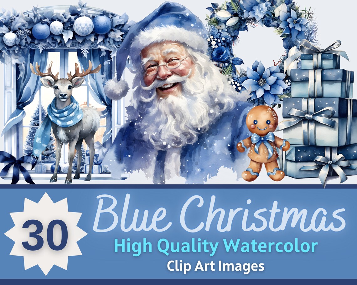 Watercolor Blue Christmas Clipart PNG Bundle Christmas Card - Etsy