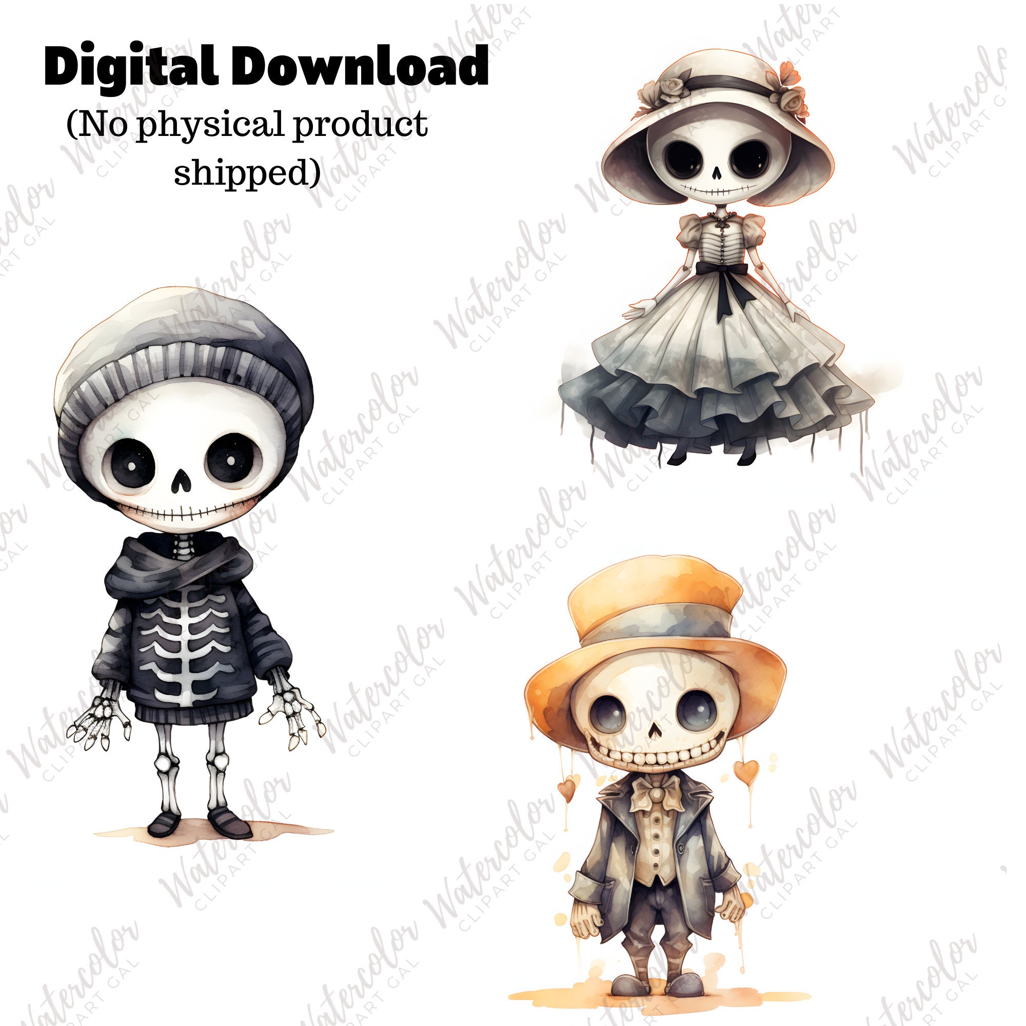 Halloween Cute Skeleton PNG Watercolor Bundle Kawaii Skull Clipart ...