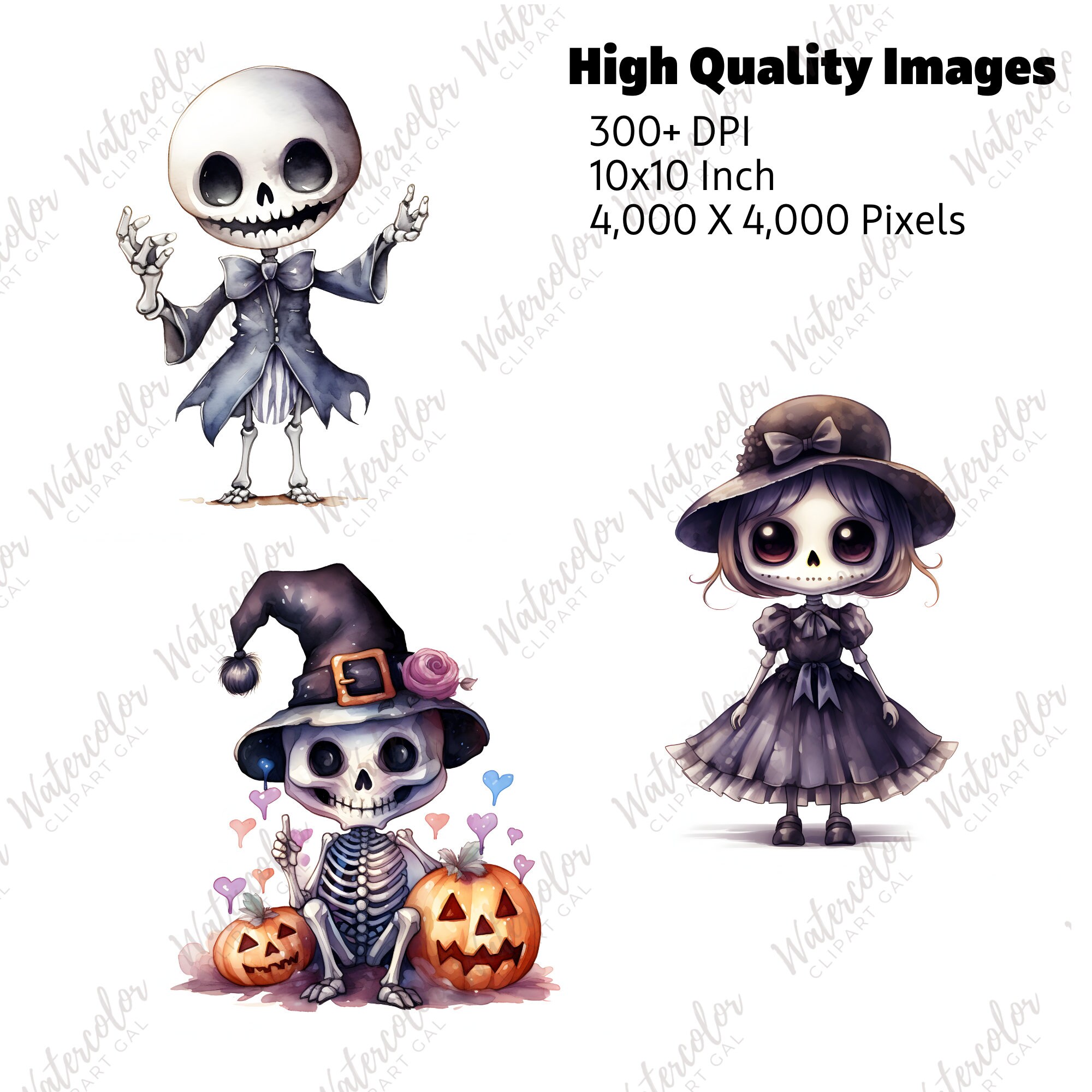 Halloween Cute Skeleton PNG Watercolor Bundle Kawaii Skull Clipart ...
