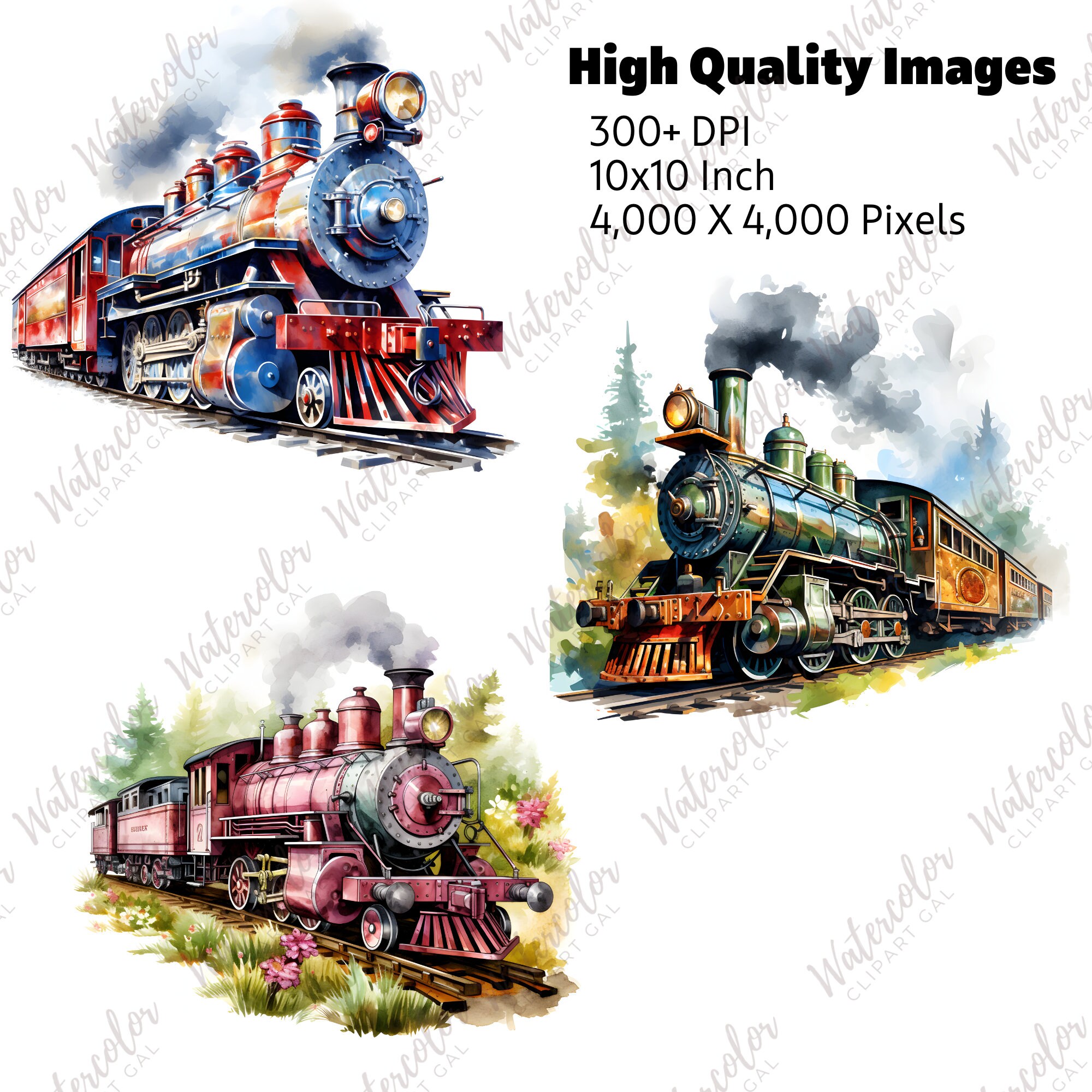 Watercolor Train Clipart PNG Bundle Vintage Train PNG Steam Train Art ...