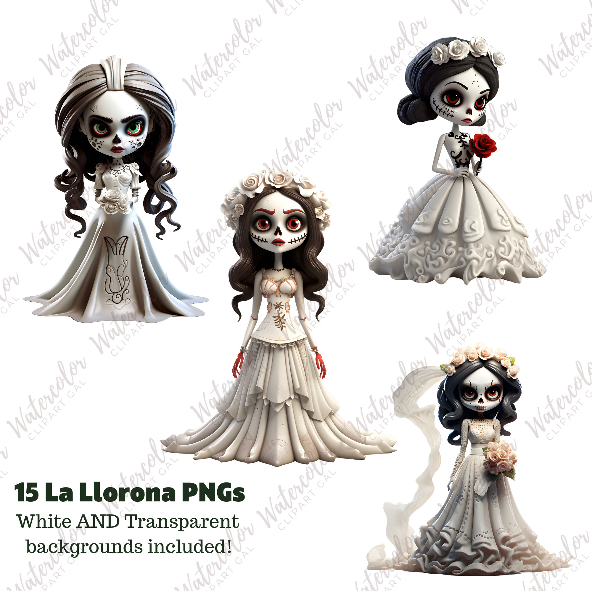 Day of the Dead La Llorona PNG Watercolor Bundle Kawaii Skull Mexican ...