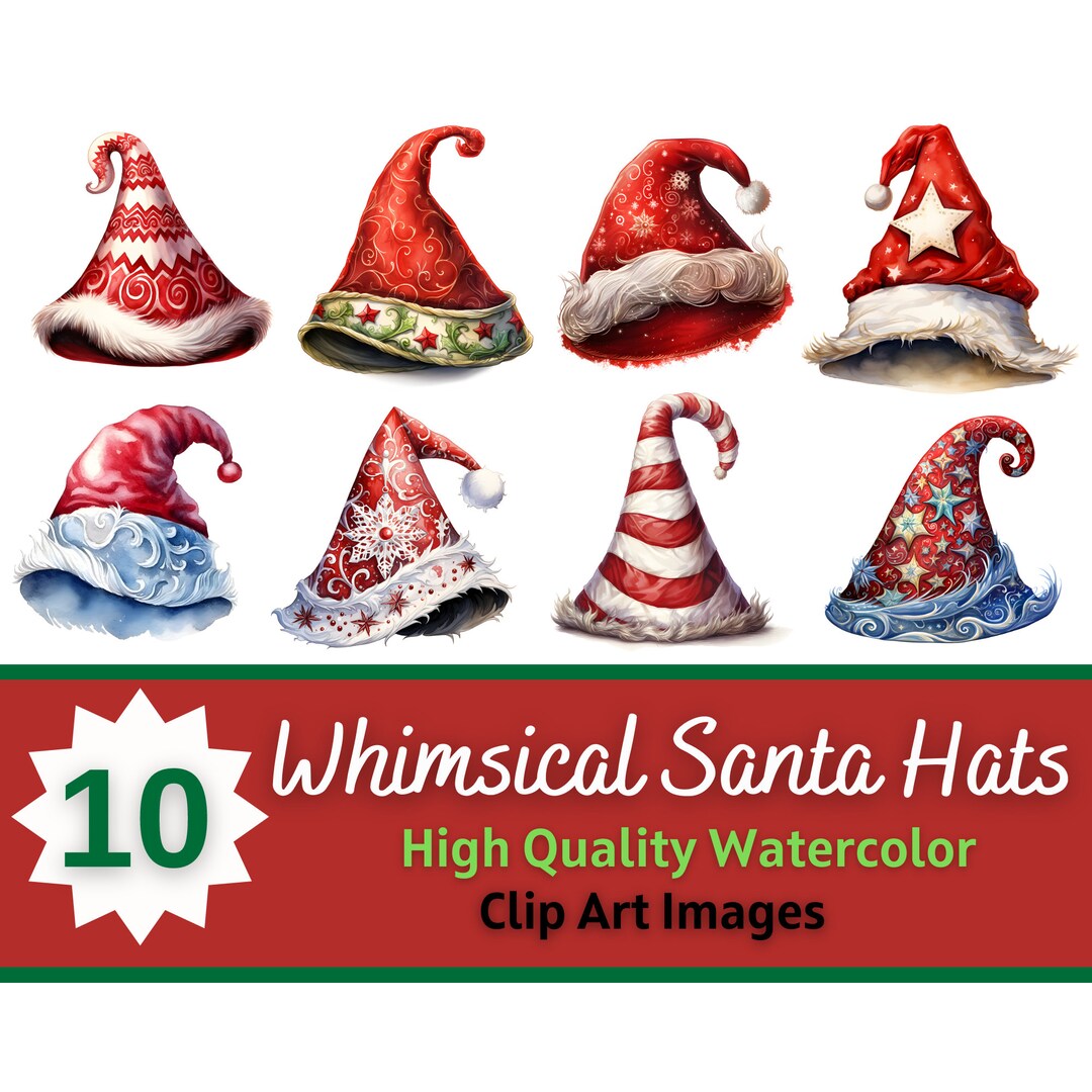 Whimsical Santa Hats Clipart PNG Watercolor Bundle | Unique Santa Hat ...