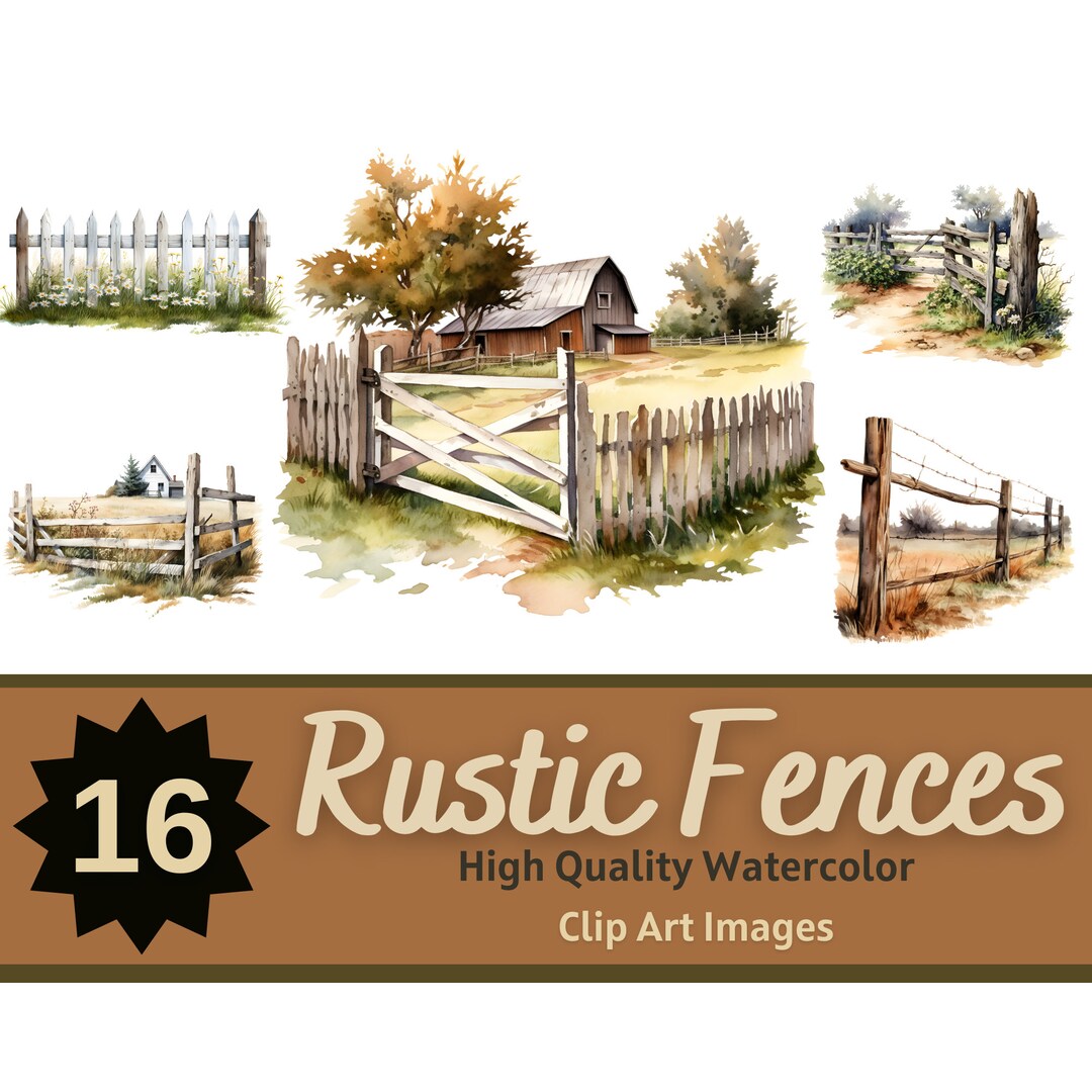 Farm Fence Clipart Watercolor PNG Bundle | Farm Digital Print | Rustic ...