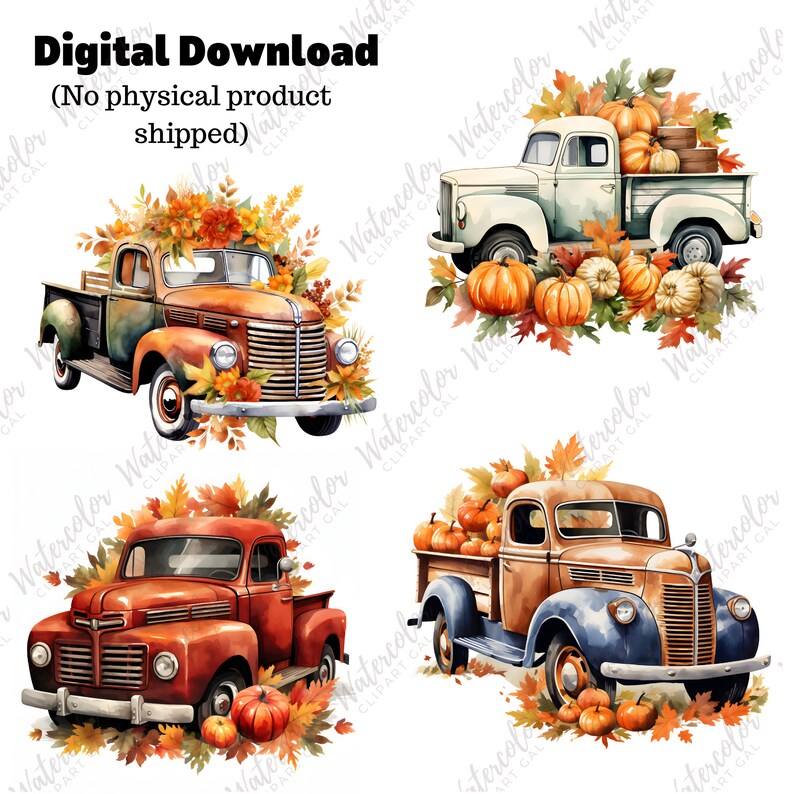 Fall Trucks With Pumpkins PNG Watercolor Autumn Trucks With Orange ...