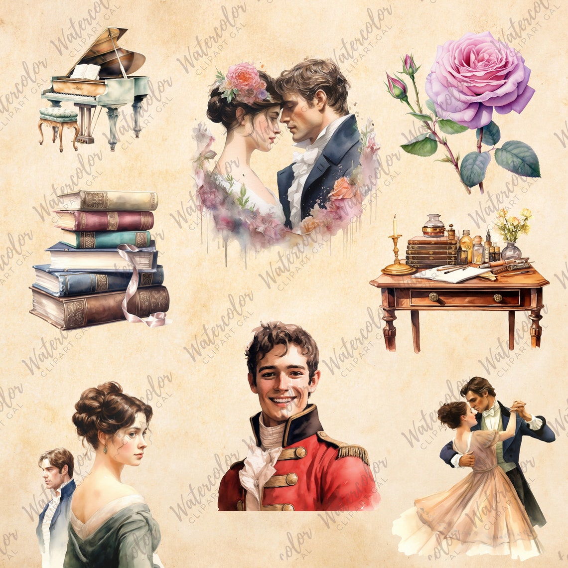 Pride and Prejudice Watercolor PNG Bundle - Romantic Vintage Watercolor ...