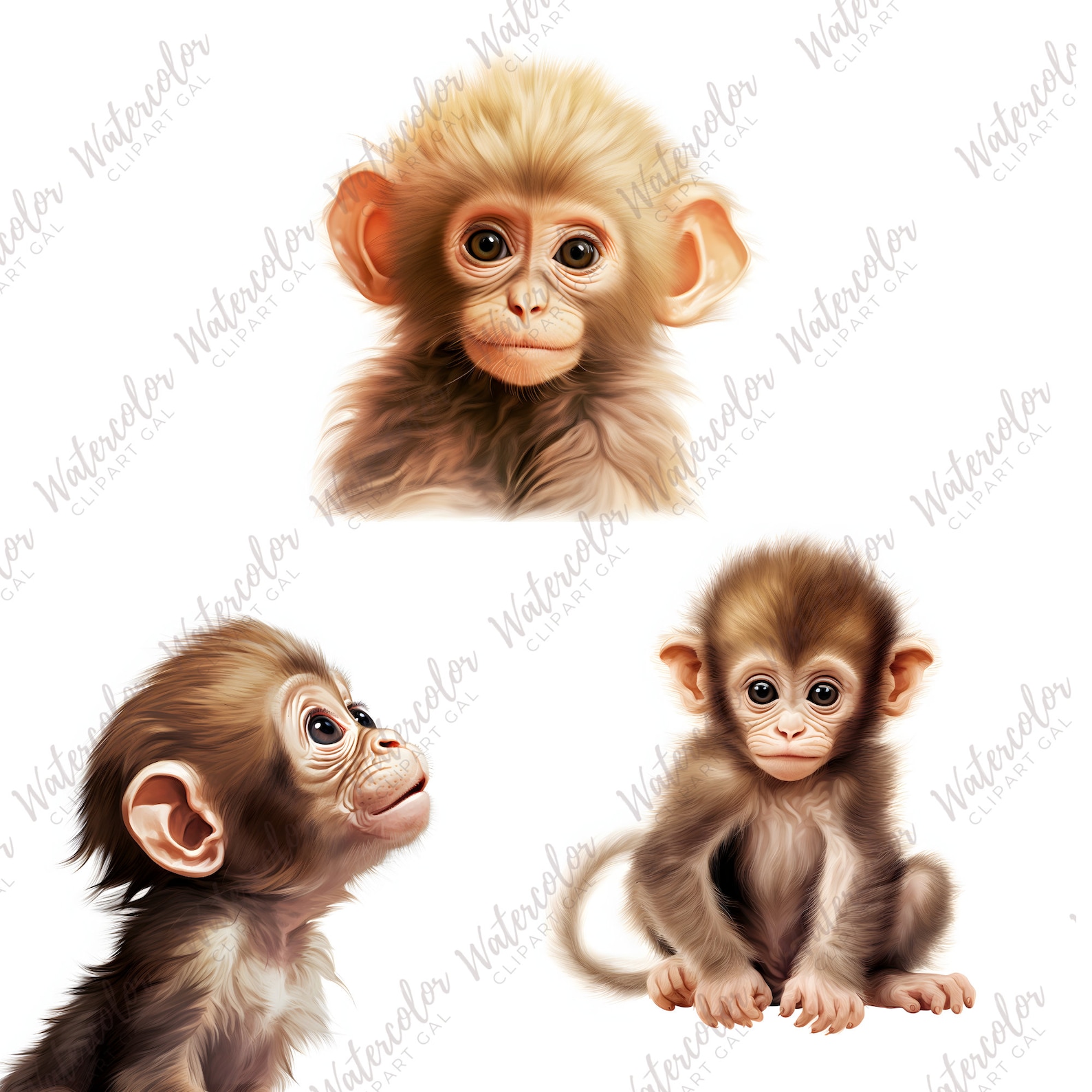 Baby Monkey PNG Clipart Watercolor Bundle Baby Animals Clipart Baby ...
