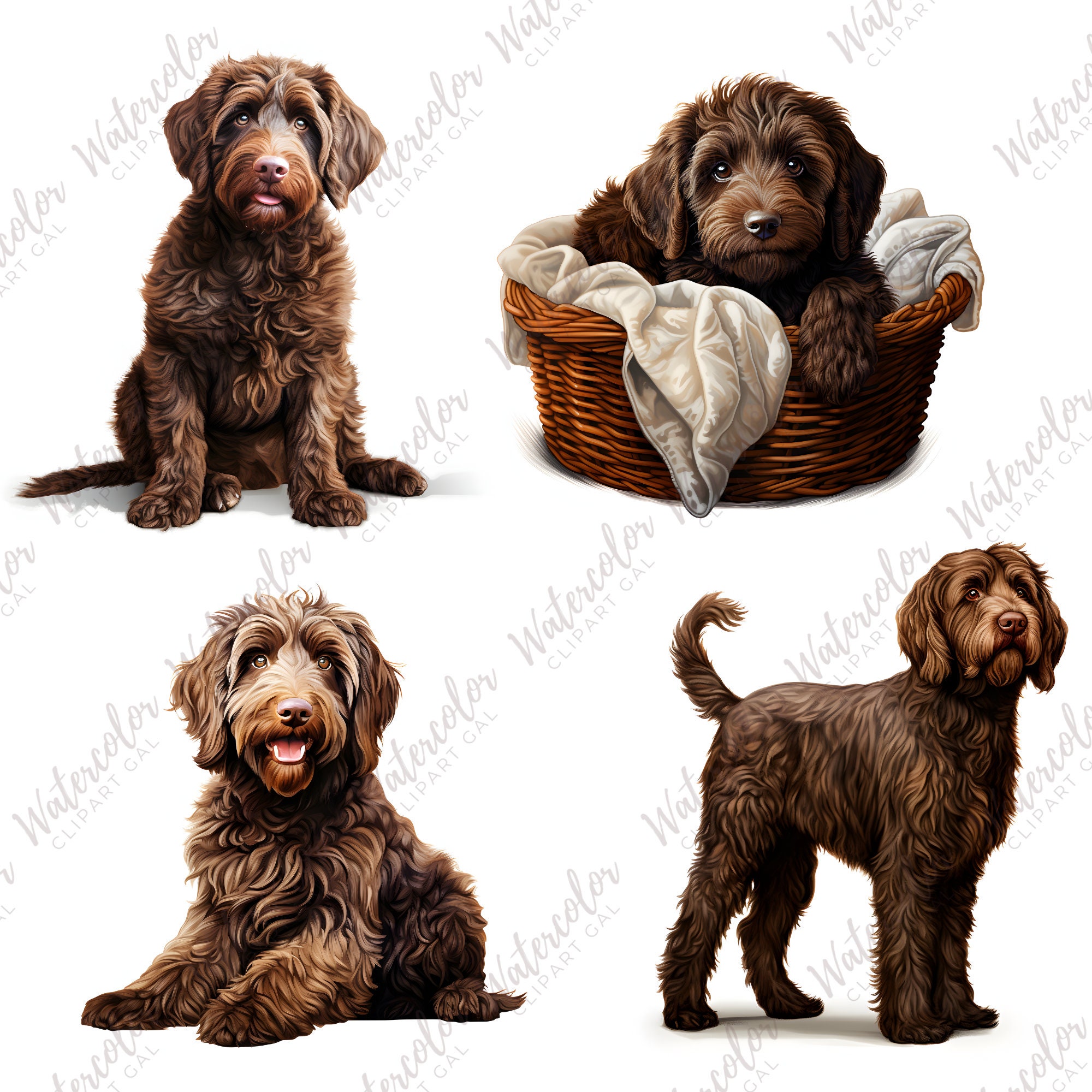 Chocolate Labradoodle Clipart Watercolor Bundle Dog Portrait ...