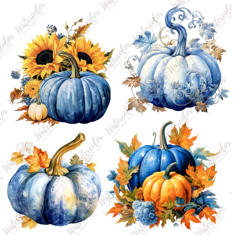 Fall Blue Pumpkins Watercolor PNG Bundle - Halloween Blue Pumpkins Pngs ...