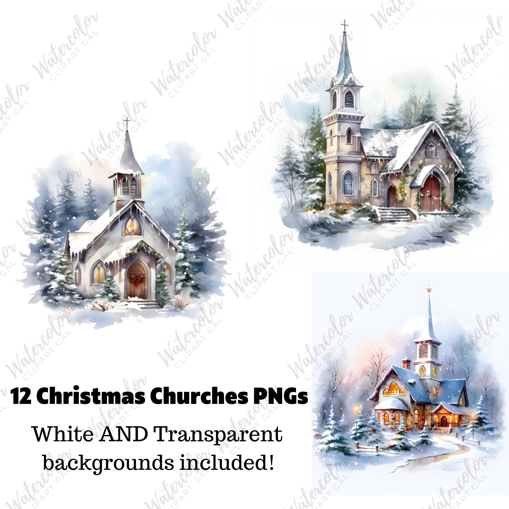 Holiday Christmas Churches Watercolor PNG Bundle - Christian Art Pngs ...