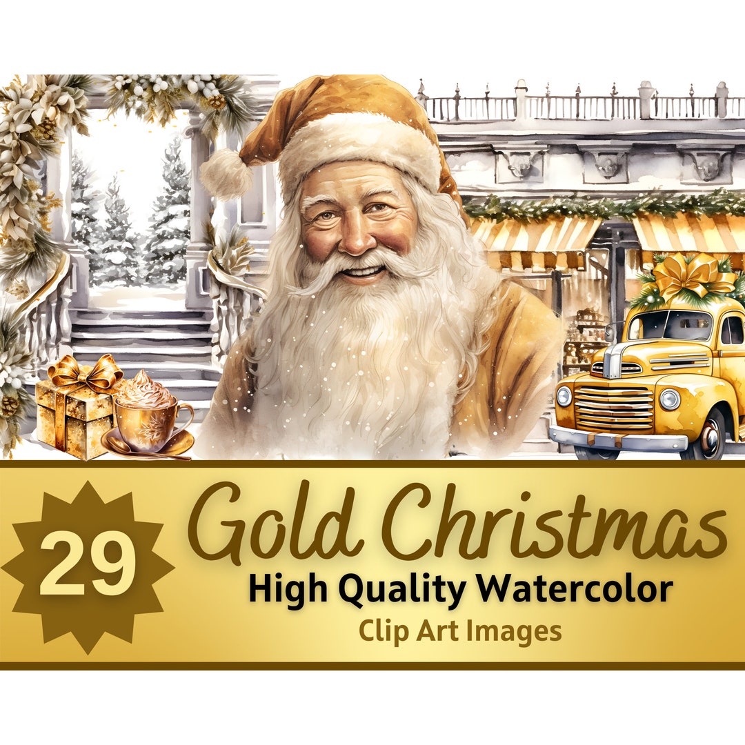 Watercolor Gold Christmas Clipart PNG Bundle - Golden Christmas Card ...
