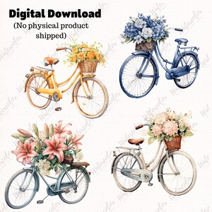 Retro Floral Bicycles Watercolor PNG Bundle - Bike With Flowers Basket ...