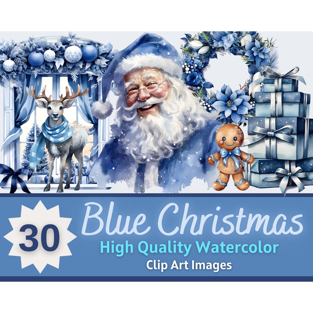 Watercolor Blue Christmas Clipart PNG Bundle - Christmas Card Clipart ...