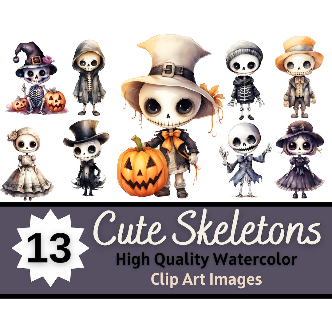 Halloween Cute Skeleton PNG Watercolor Bundle | Kawaii Skull Clipart ...