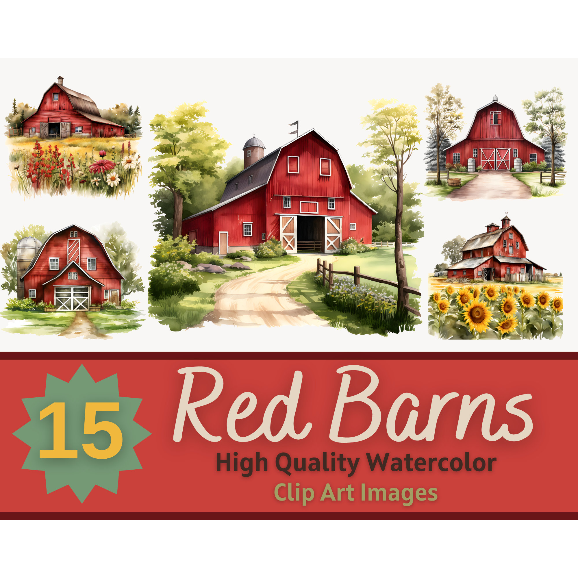 Vintage Red Barn Clipart Watercolor PNG Bundle Farmers House Pngs ...