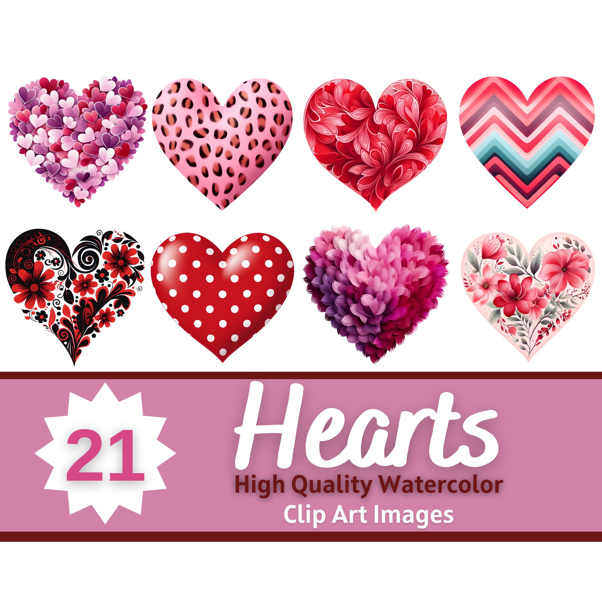 Valentines Day Heart PNG Watercolor Bundle Valentines Day Clipart Heart ...