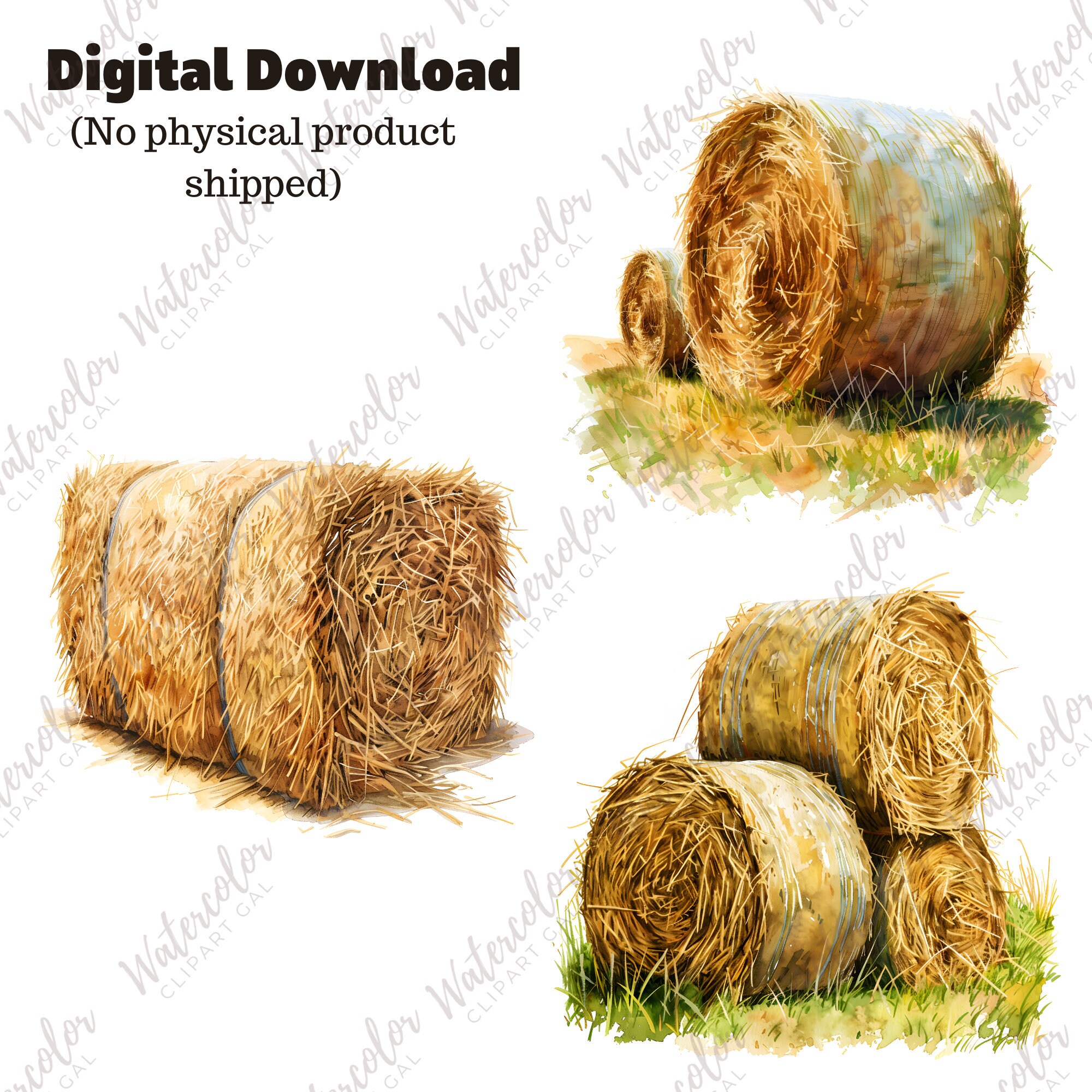 Hay Bale PNG Watercolor Bundle | Vintage Farm PNG | Rustic Farm Art ...
