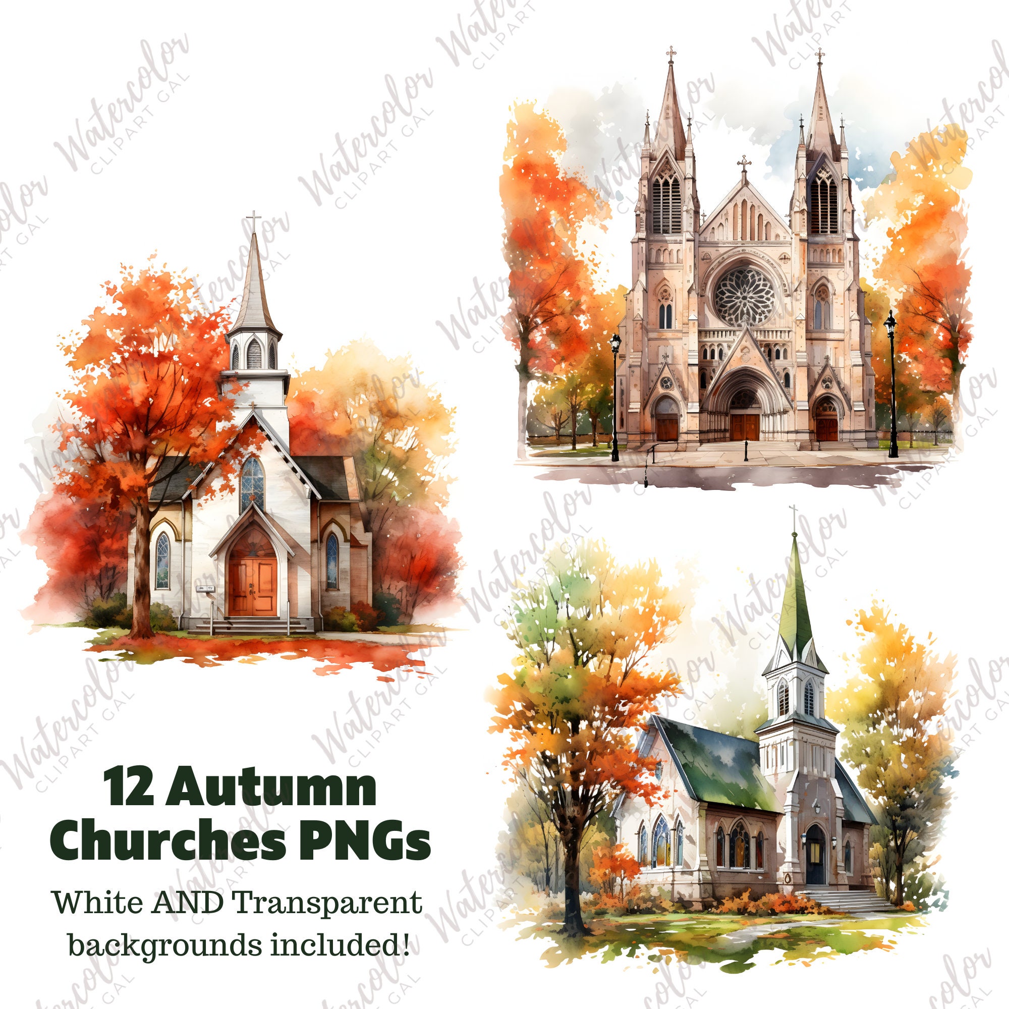 Autumn Fall Church PNG Watercolor Bundle | Christian Clipart | Cozy ...