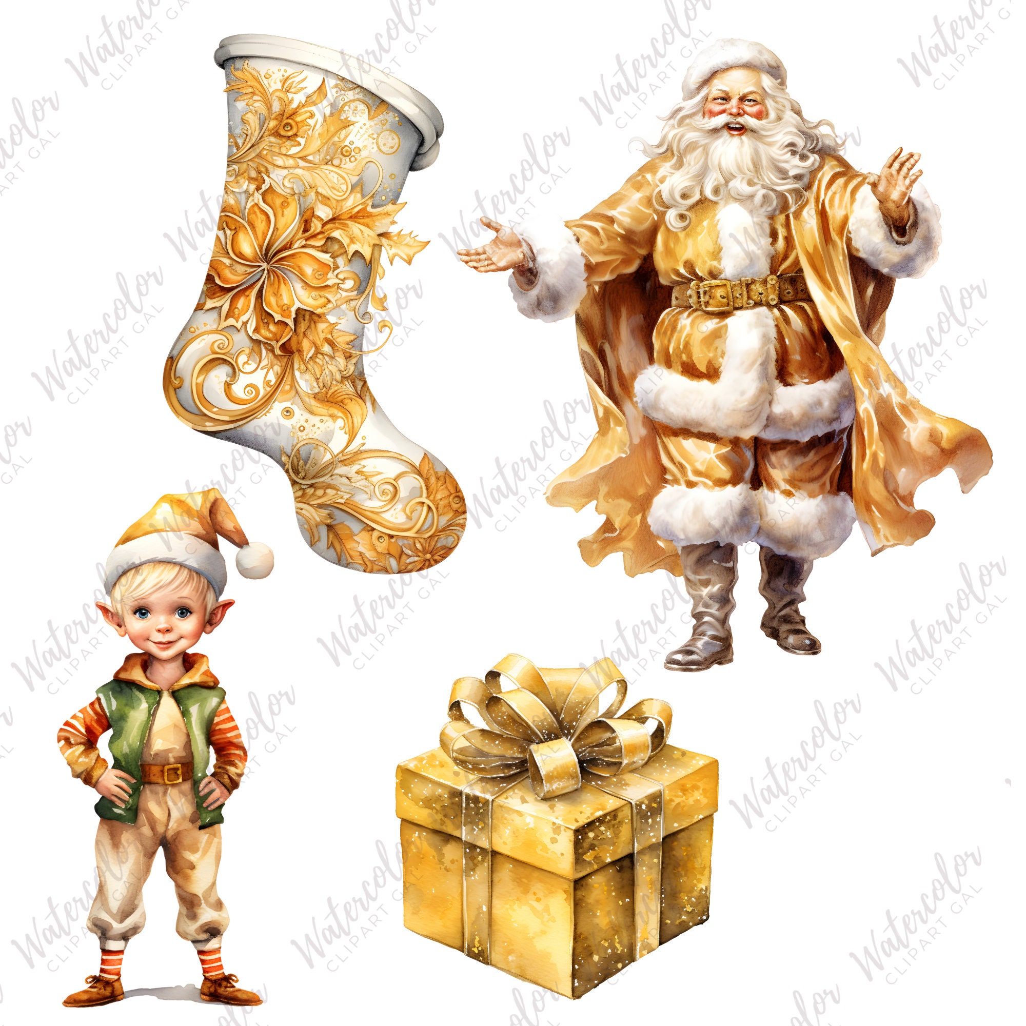 Watercolor Gold Christmas Clipart PNG Bundle Golden Christmas Card ...