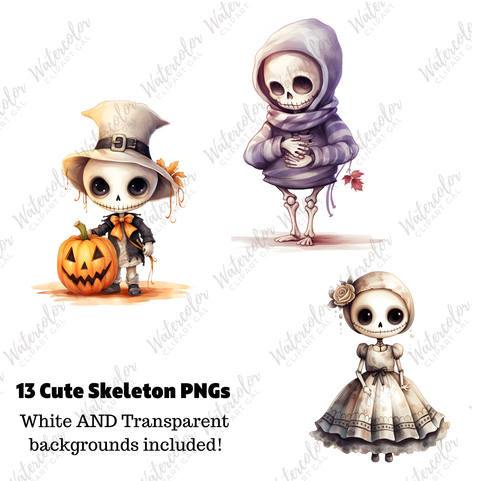 Halloween Cute Skeleton PNG Watercolor Bundle Kawaii Skull Clipart ...