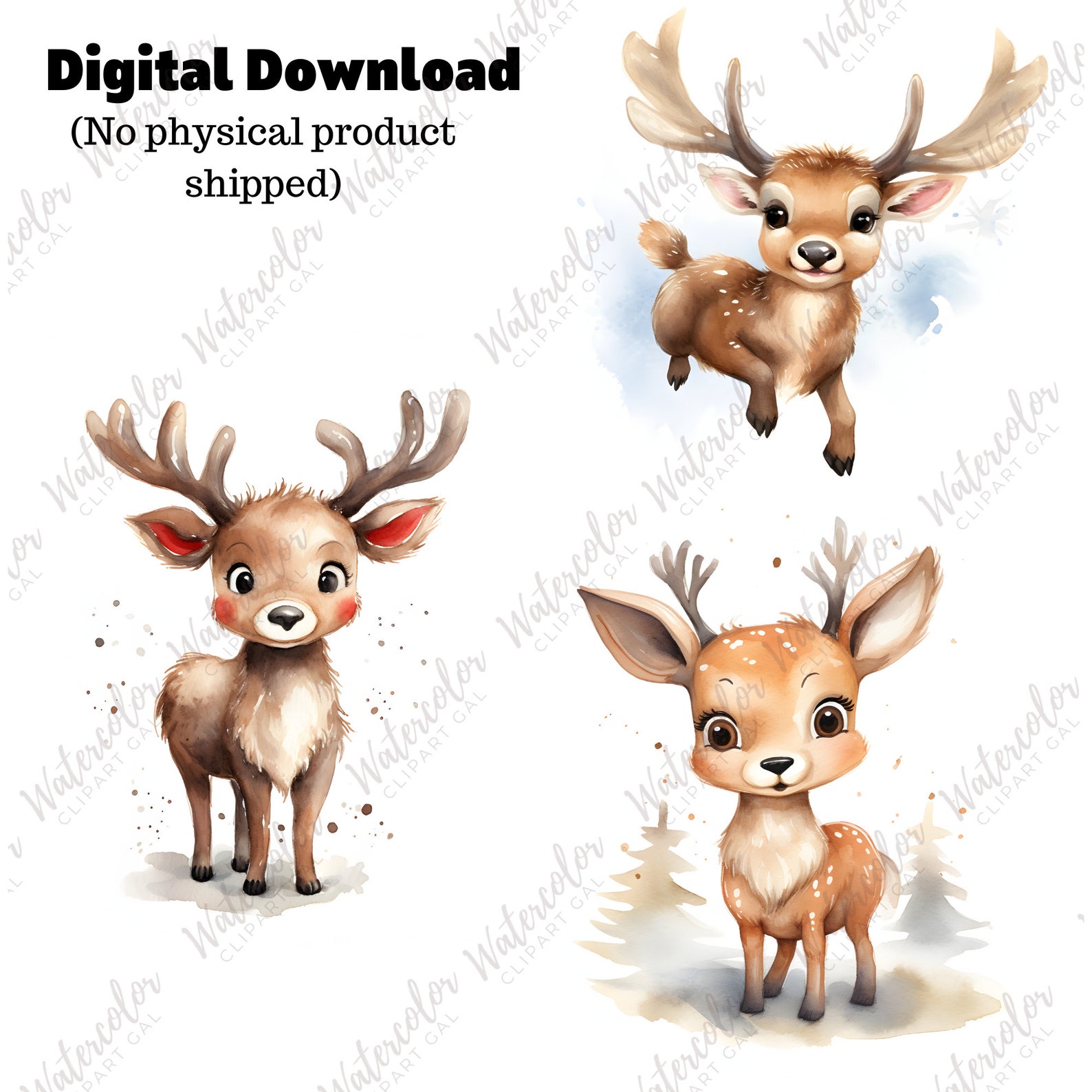Santa's Reindeer Clipart PNG Watercolor Bundle Cute Reindeer Clipart ...