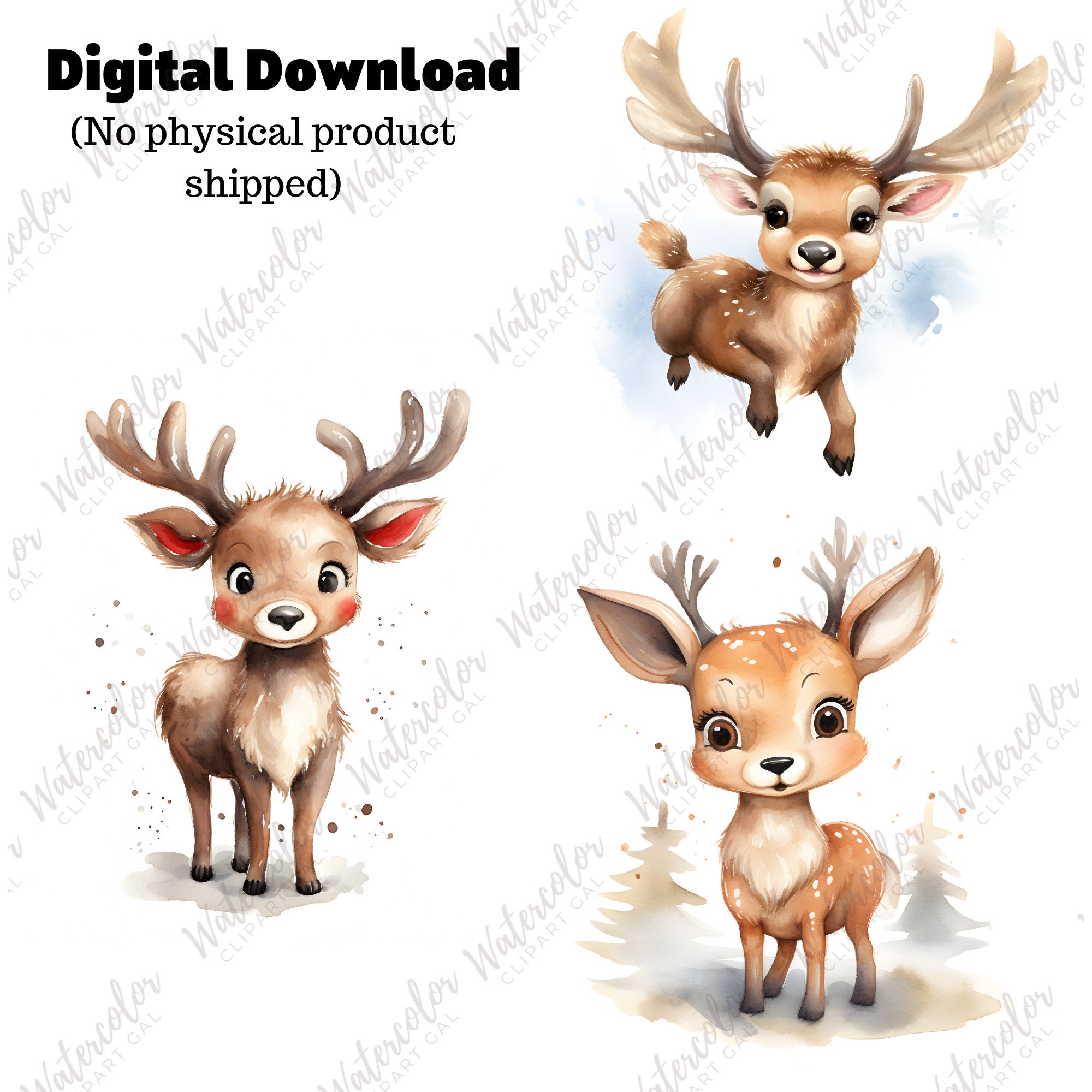 Santa's Reindeer Clipart PNG Watercolor Bundle Cute Reindeer Clipart ...