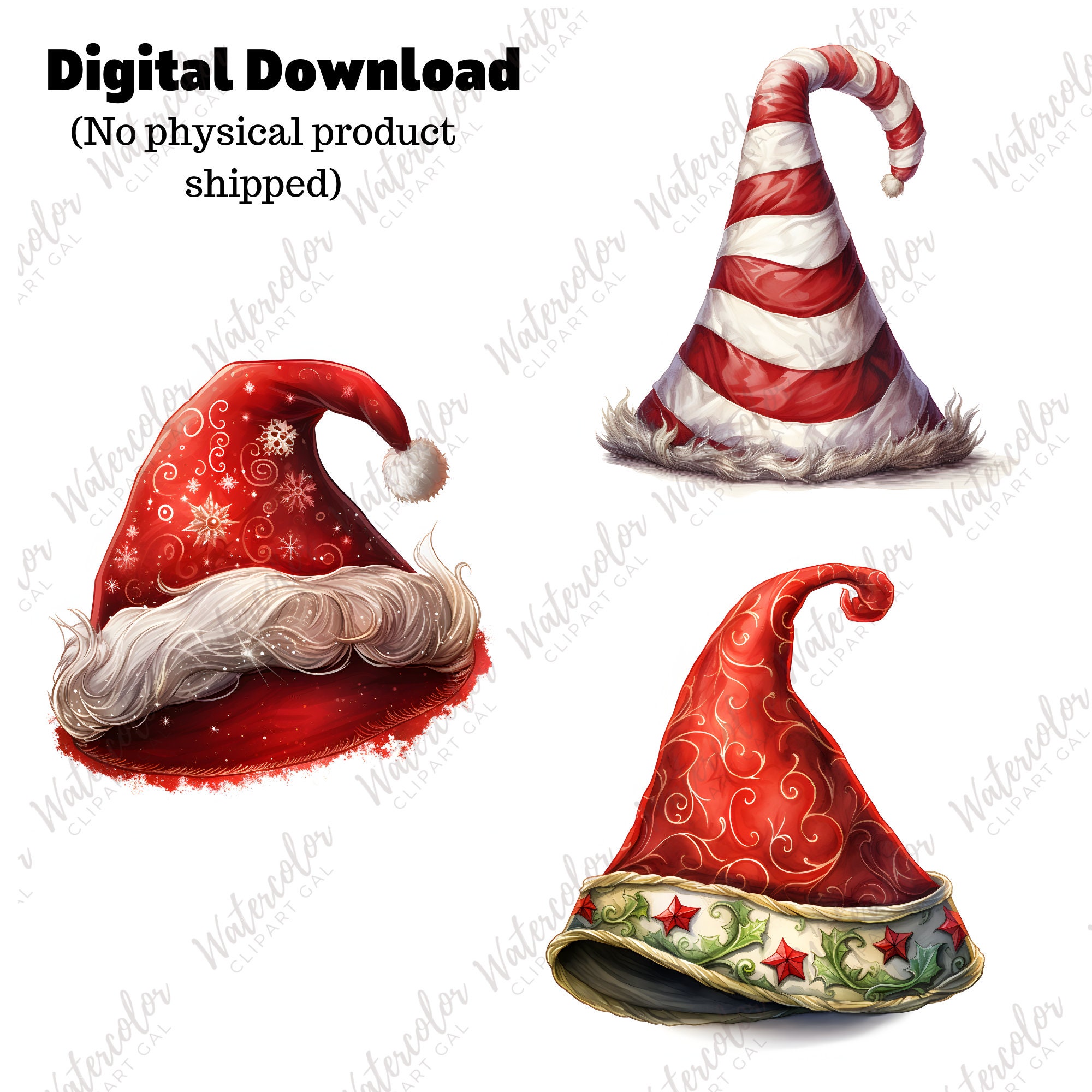 Whimsical Santa Hats Clipart PNG Watercolor Bundle Unique Santa Hat ...