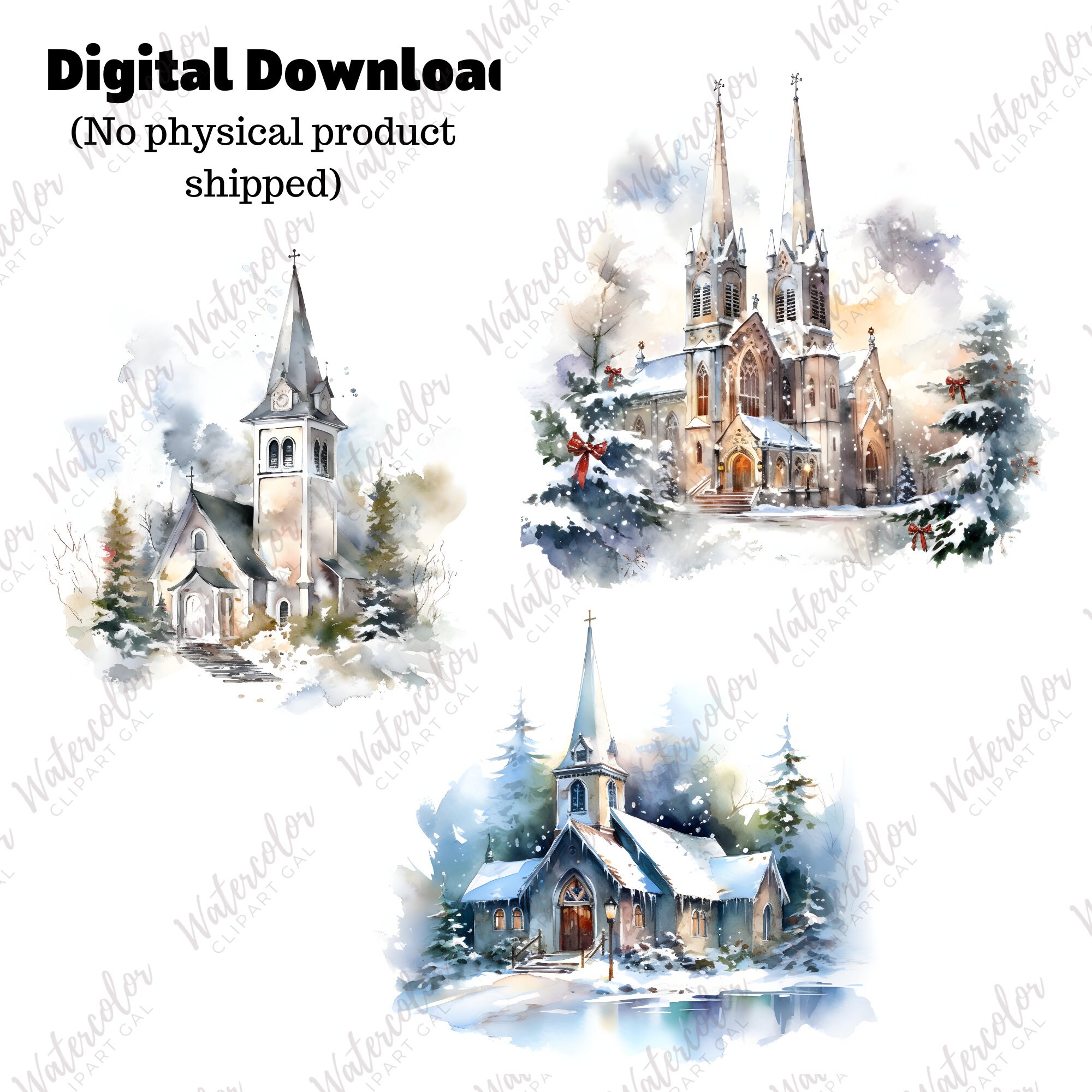 Holiday Christmas Churches Watercolor PNG Bundle Christian Art Pngs for ...