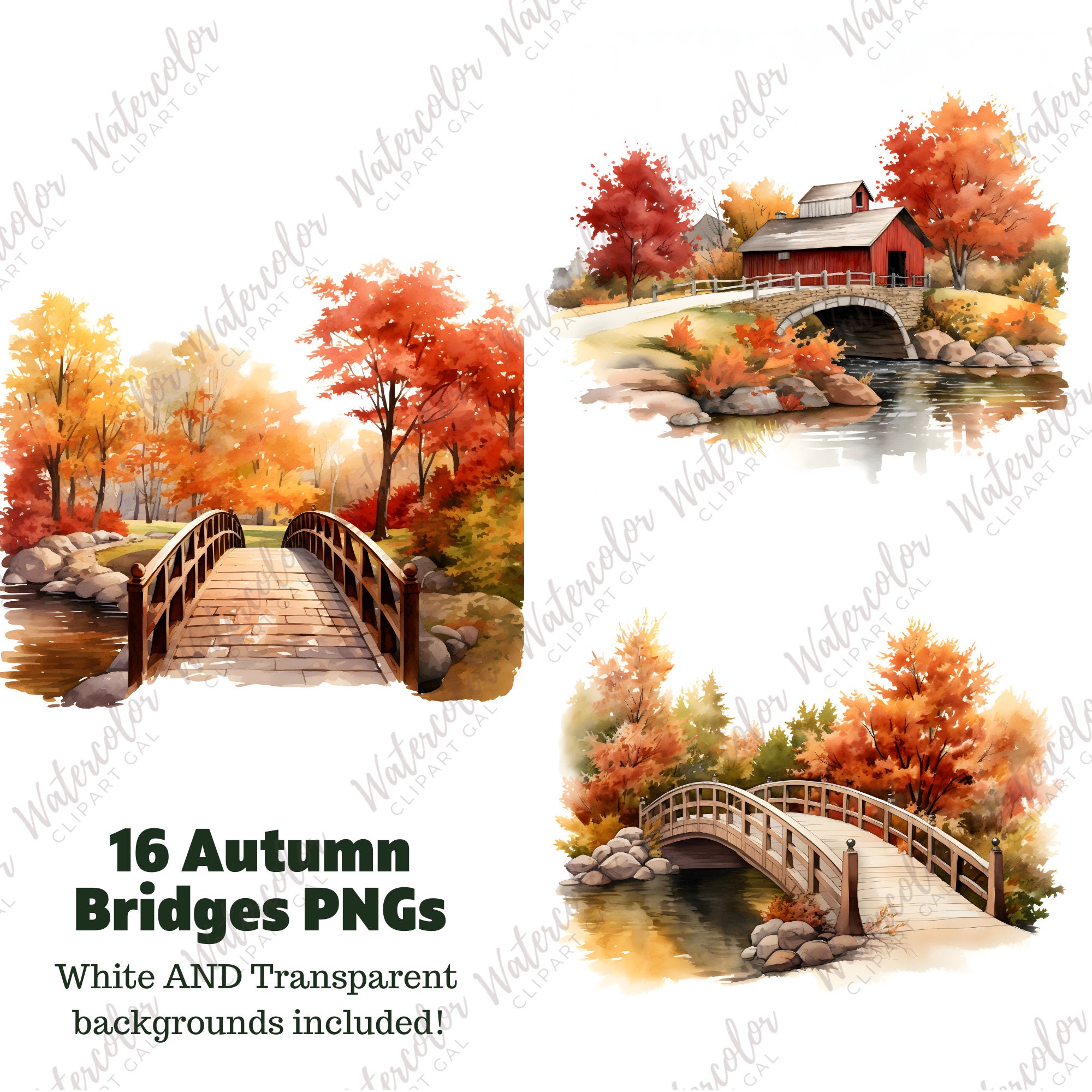 Autumn Bridges PNG Clipart Watercolor Bundle | Fall Bridge PNG ...