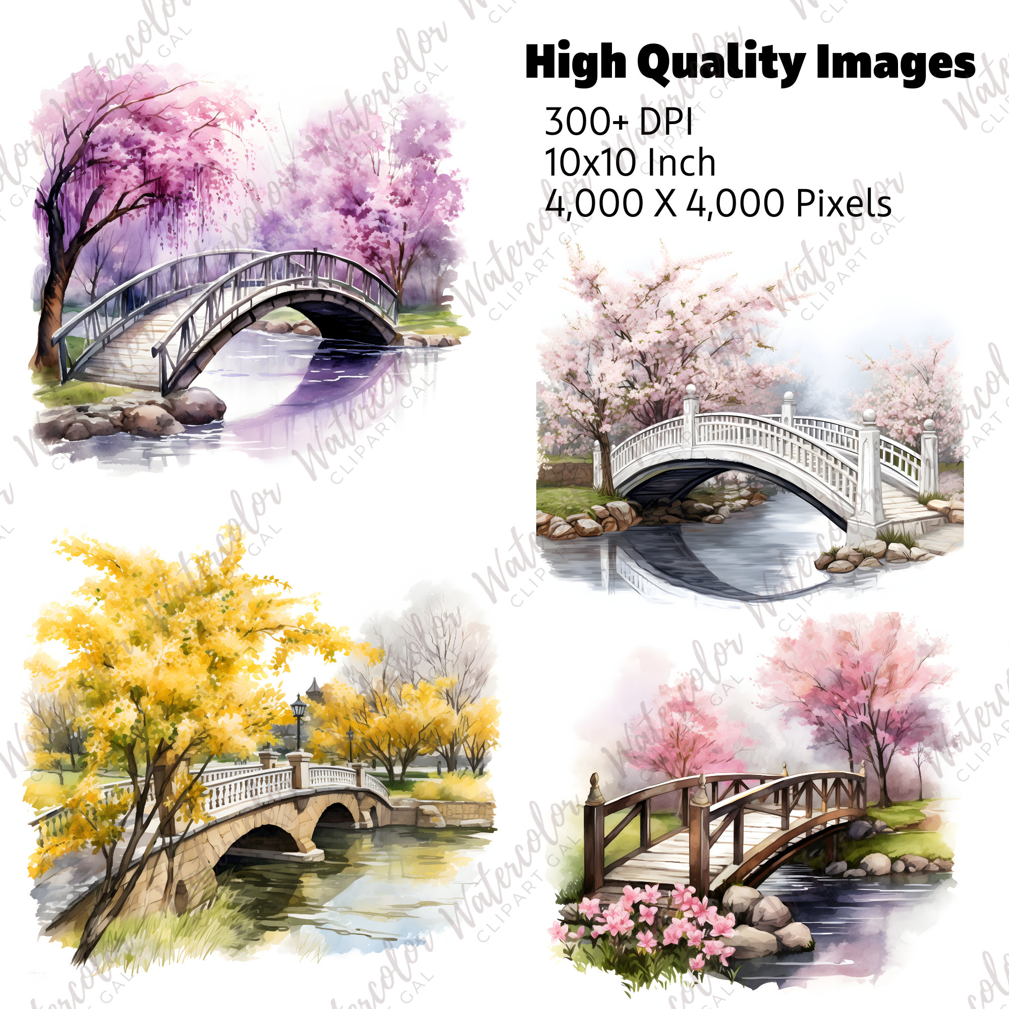 Spring Bridge Clipart Watercolor Bundle Spring Clipart Rustic Spring ...