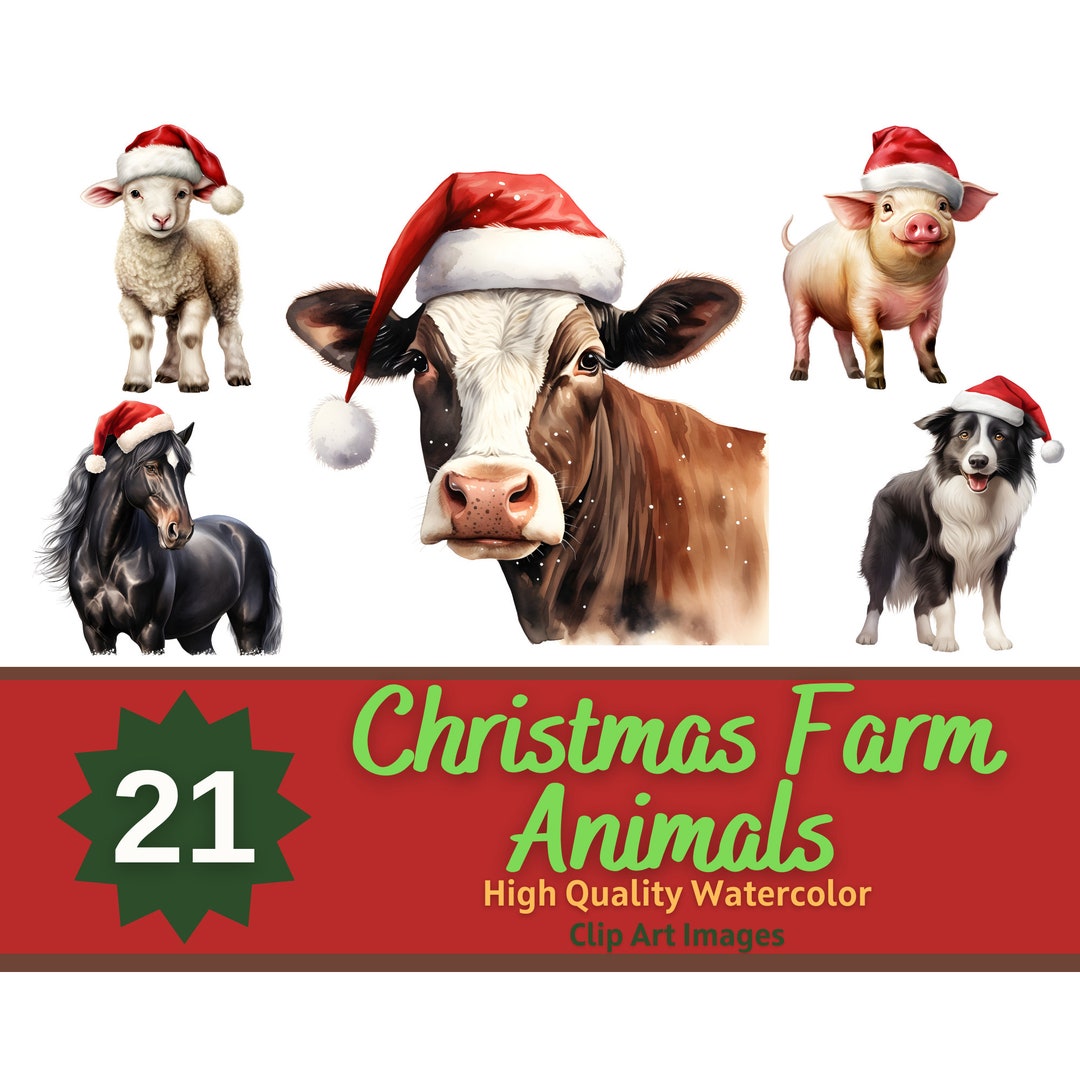 Christmas Farm Animal Watercolor Clipart | Cute Animal Clipart ...