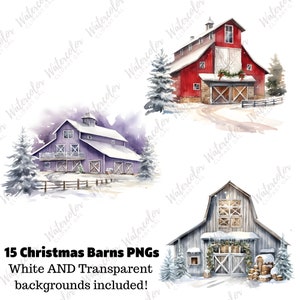 Christmas Farm Barns Watercolor PNG Bundle - Winter Barn Farmhouse Pngs ...